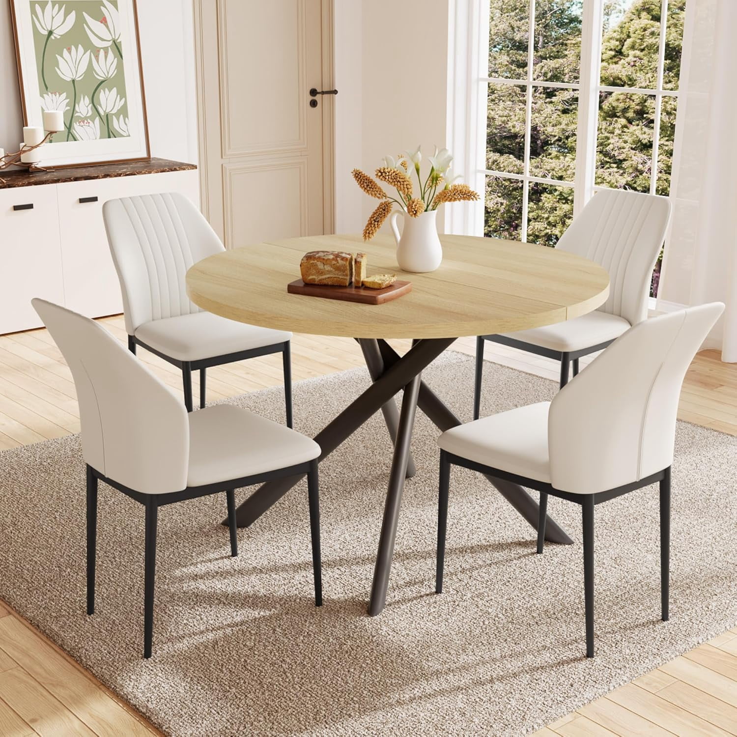45.3 Inch Round Dining for 4 Space-Saving Dinette with Carbon Steel ...