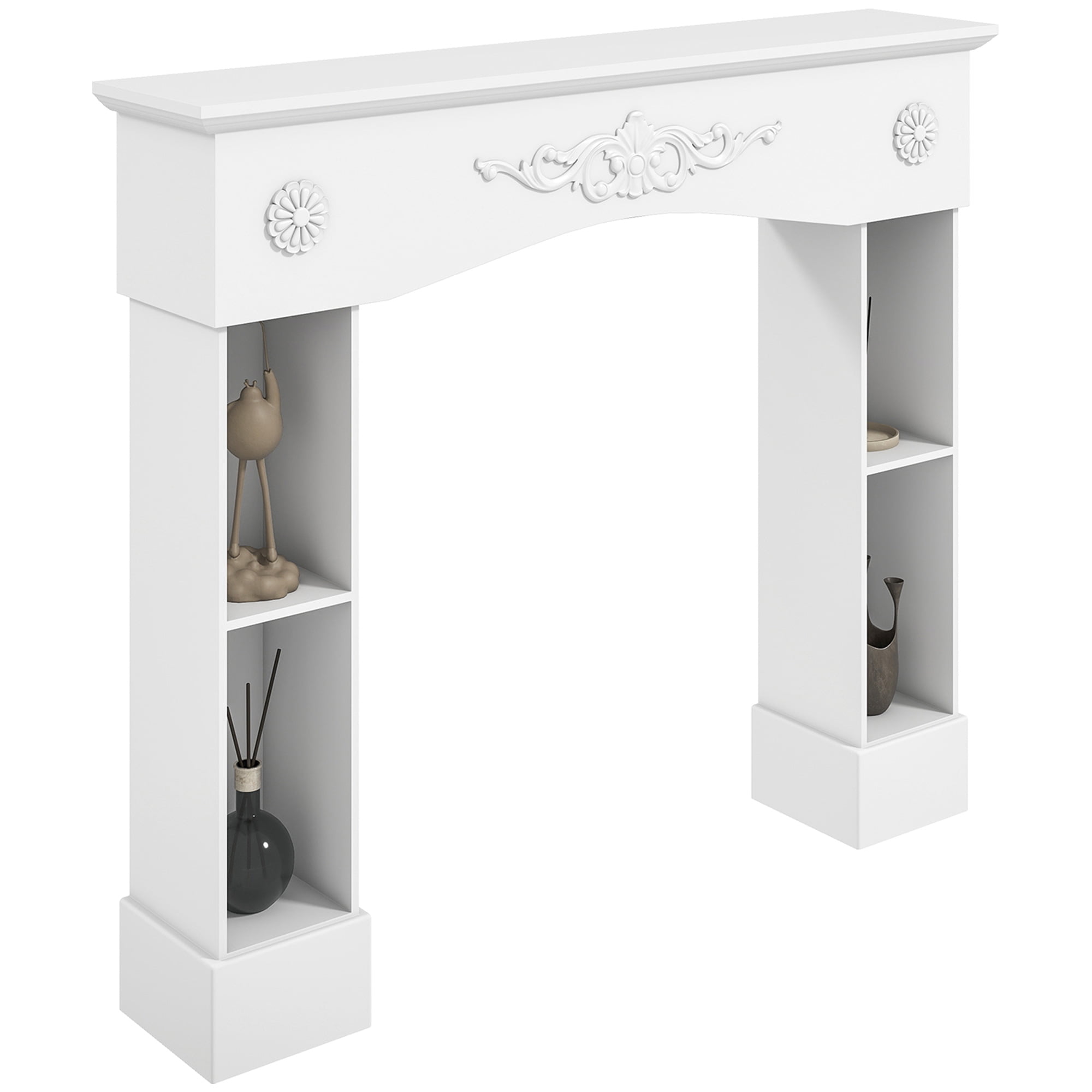 45.3" White Fireplace Mantel, Baroque Design MDF Fir Wood with Storage ...