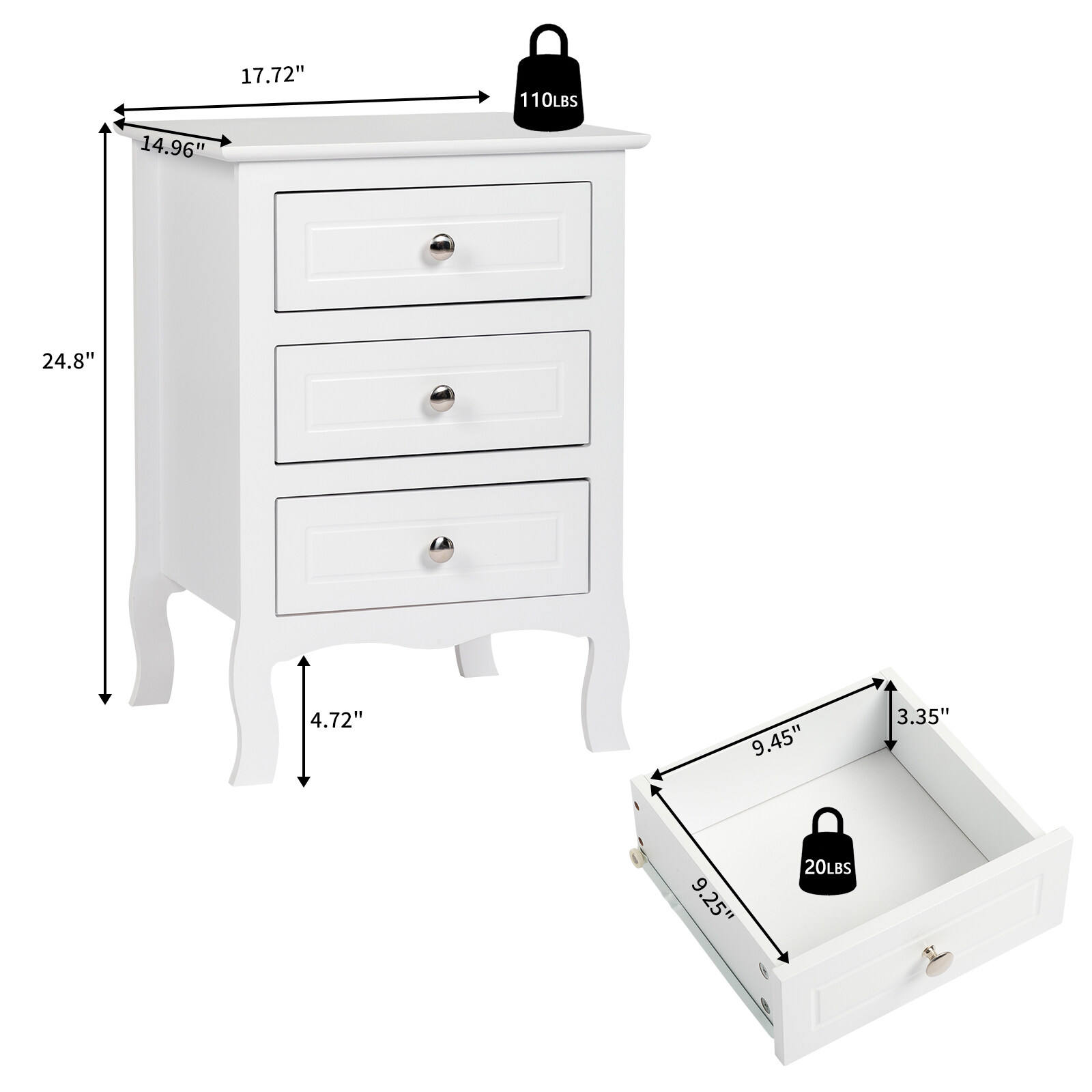 45*38*63cm Country Style Three Drawer Night Table Large Size White ...