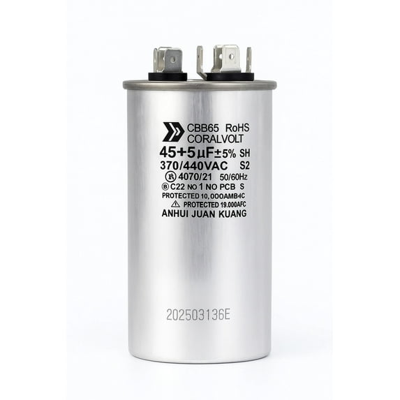 CoralVolt 45+5 µF Dual Run Round HVAC Capacitor – 370/440V AC | CBB65 ...