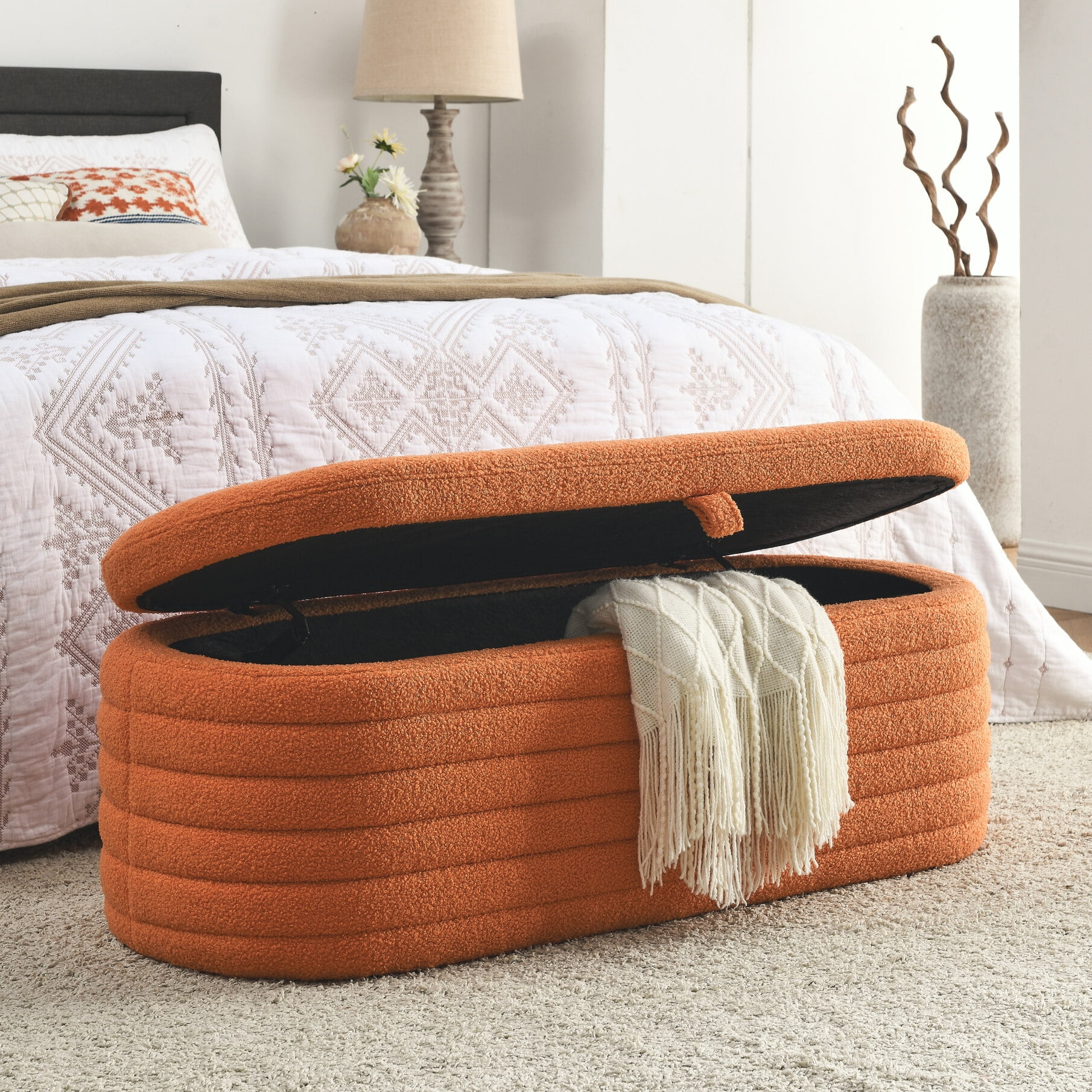 45.5-inch Teddy Storage Ottoman Bench Upholstered Fabric Storage Bench ...