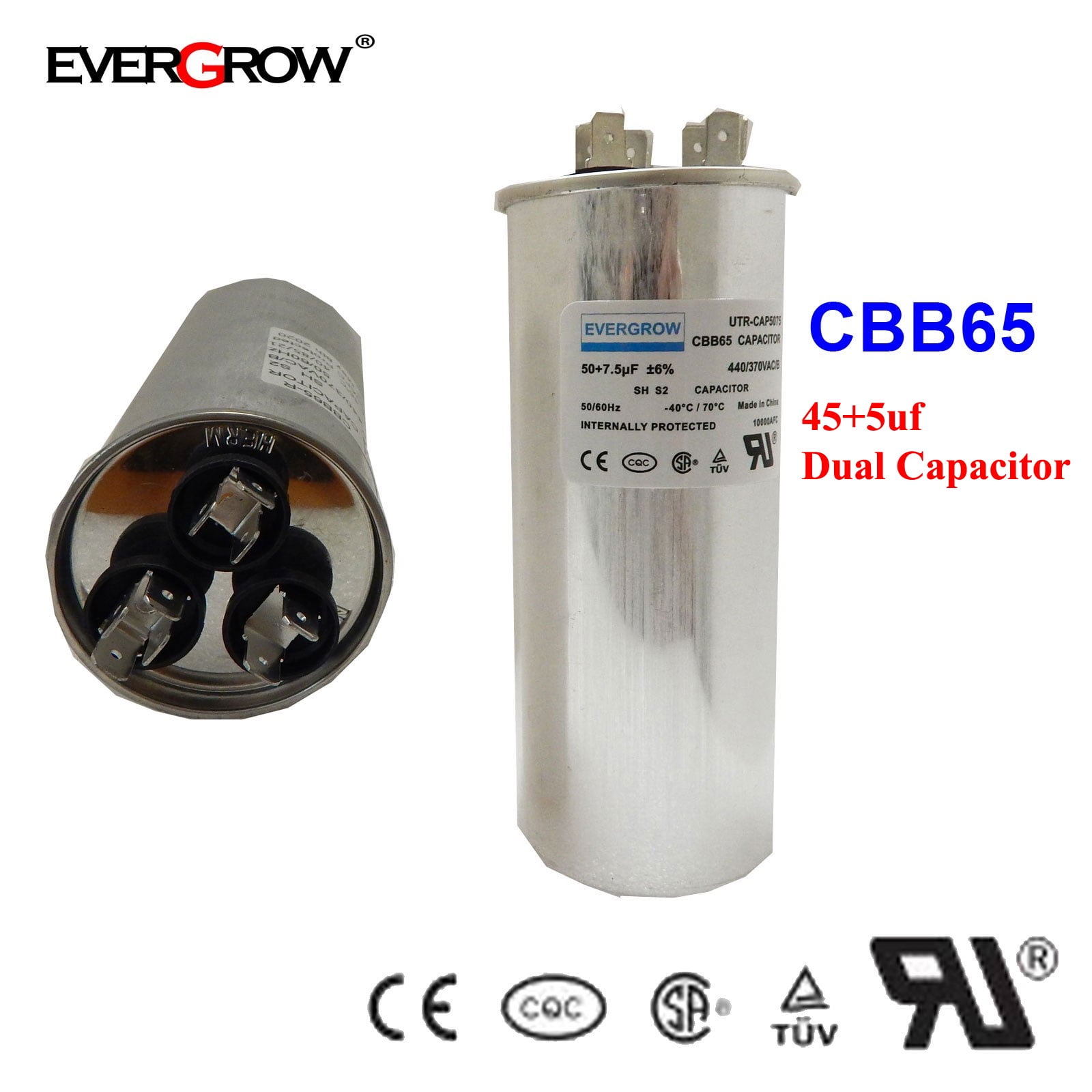 45+5 uF ±5% 45/5 MFD 370/450 VAC CBB65 Dual Run Start Round Capacitor for Condenser Straight ...