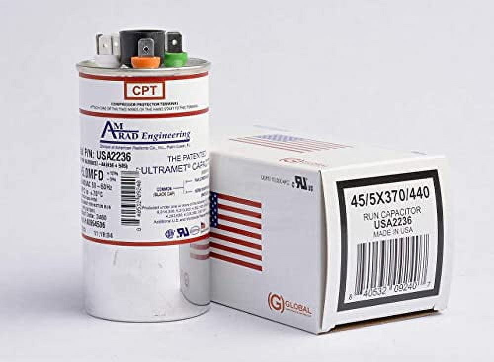 45 + 5 uf/Mfd Round Dual Universal Capacitor • AmRad USA2236 - Used for ...