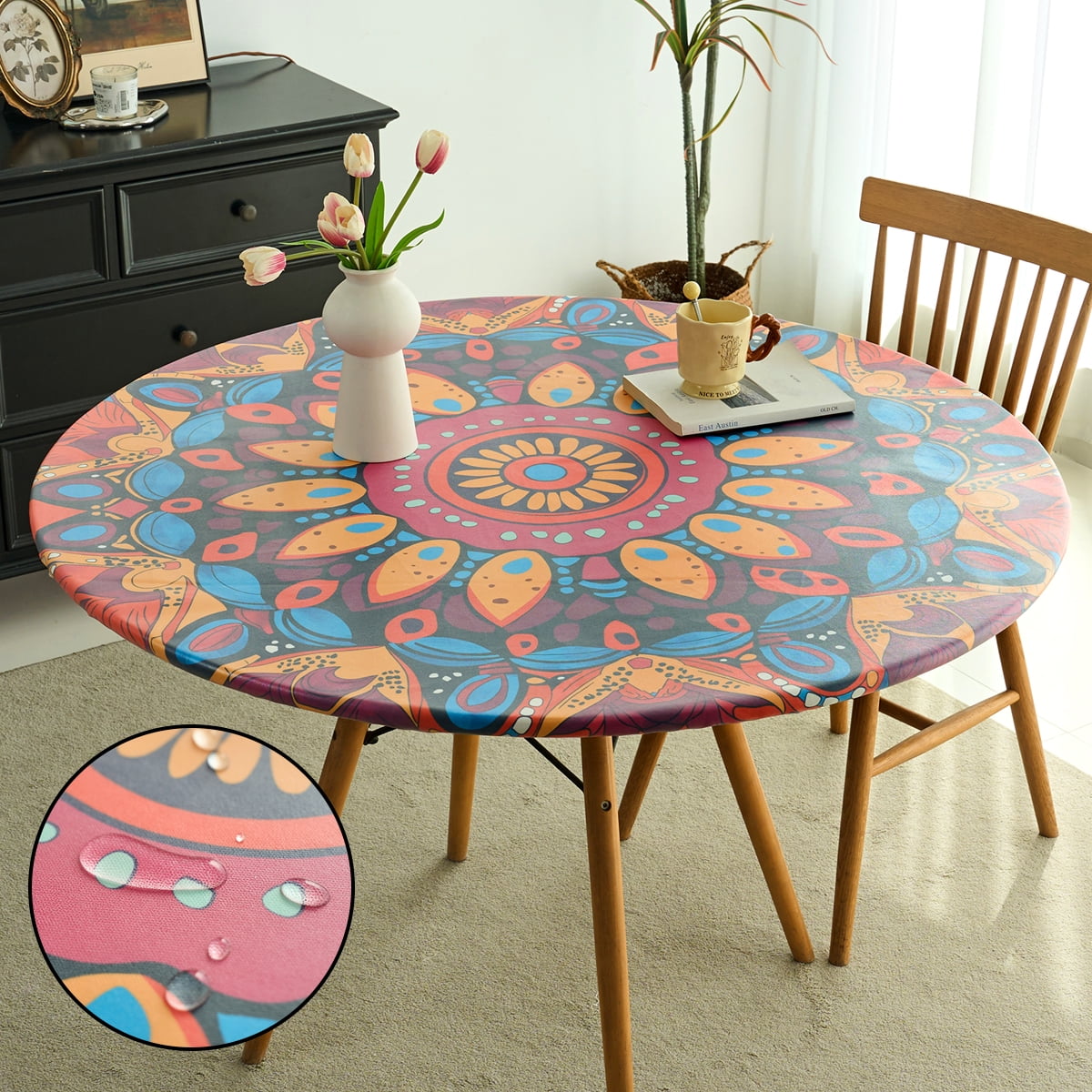 45"-56"Table Cover,Elastic Waterproof Plastic Round Tablecloth, Vinyl ...