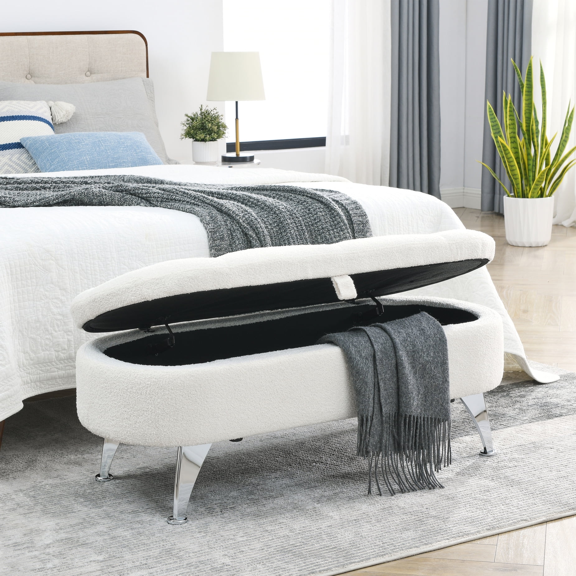 45.5inch Storage Bench with Seating for Living Room, Teddy Fabric ...