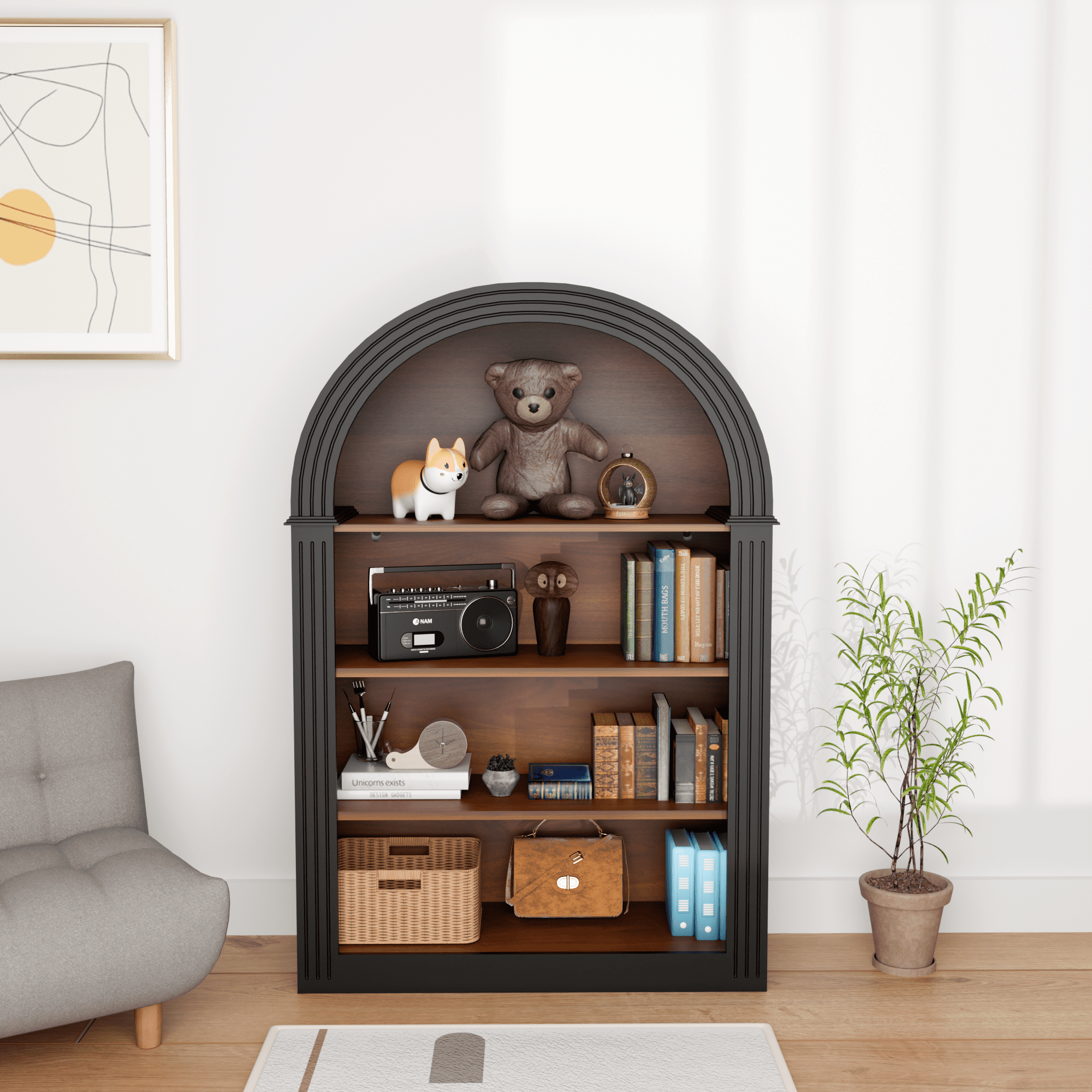 45.66" Tall Black Arched Bookcase - 4-Shelf Open Display Storage ...