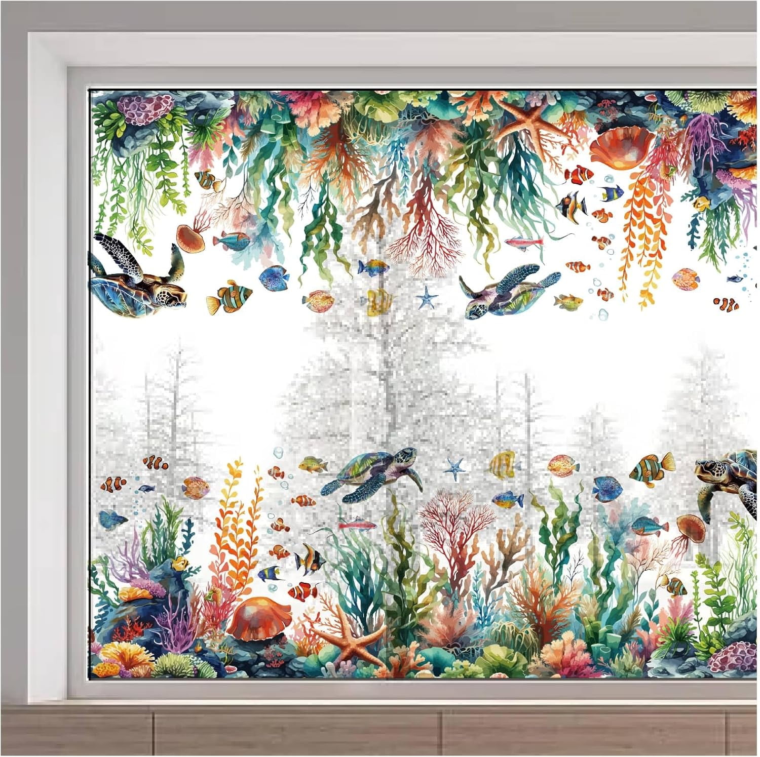 45.7x15 Inch Large Sea Creatures Window Clings Turtle Fish Seaweed ...
