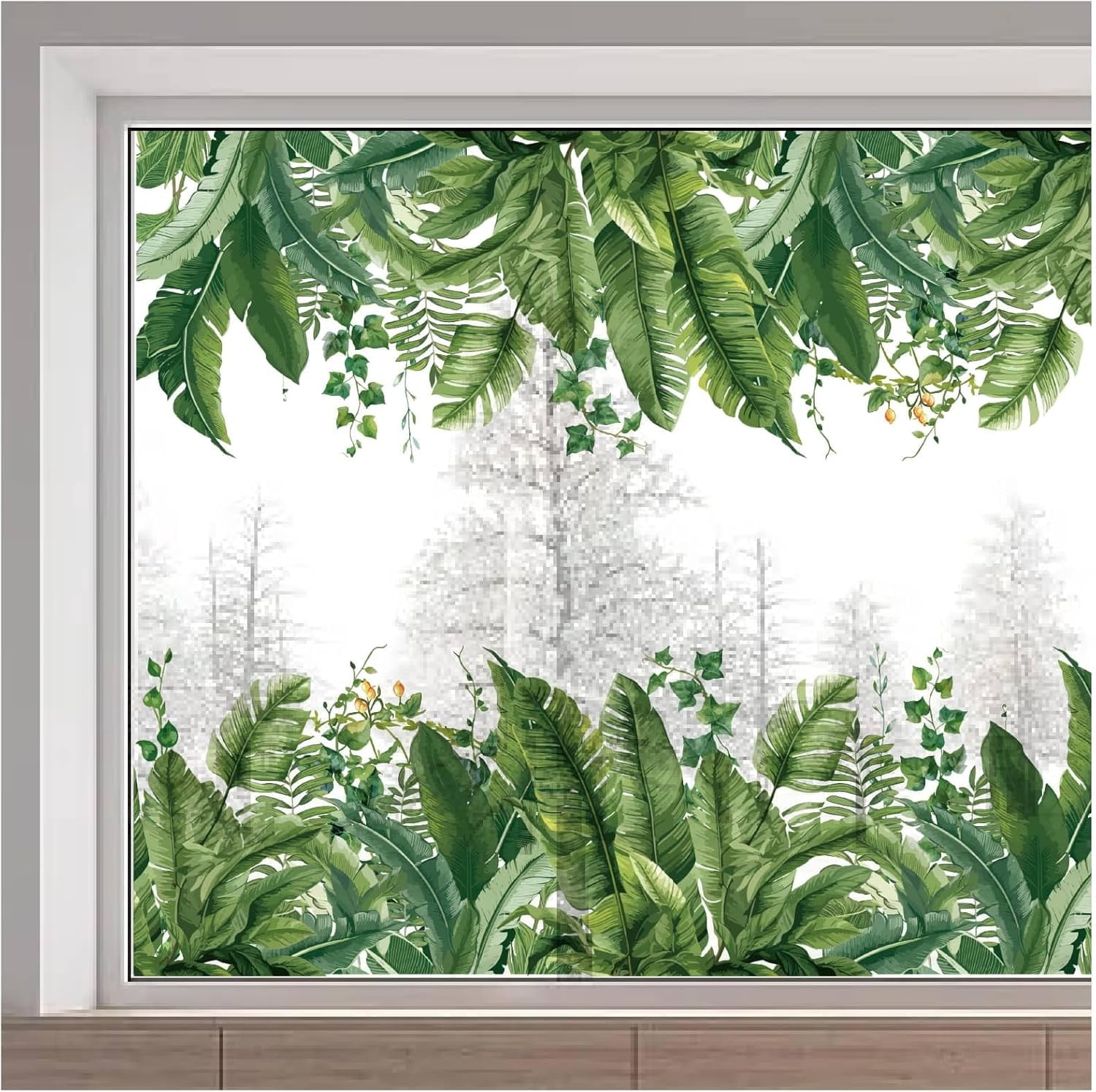 45.7x15 Inch Large Tropical Leaf Window Decals Green Plants Window Clings Reusable Static Window ...