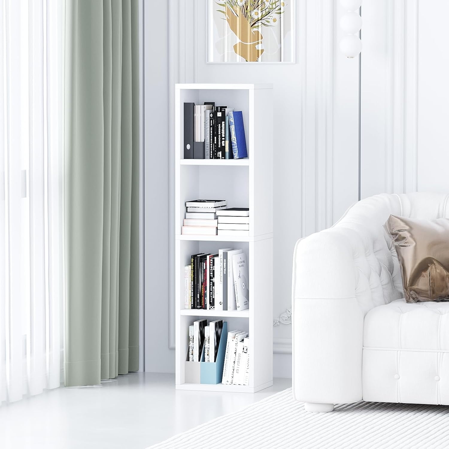 45.8" Tall Narrow Bookcase, 4-Tier Open Cube Wooden Corner Bookshelf ...