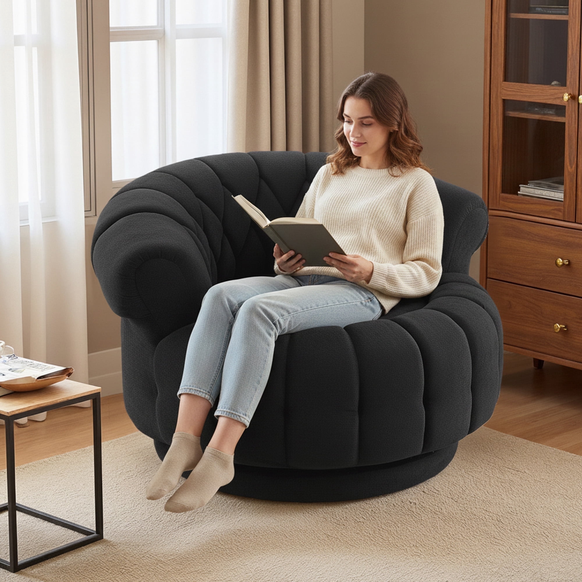 45.9" W 360°Swivel Round Accent Chair, Upholstered Channel-Tufted ...