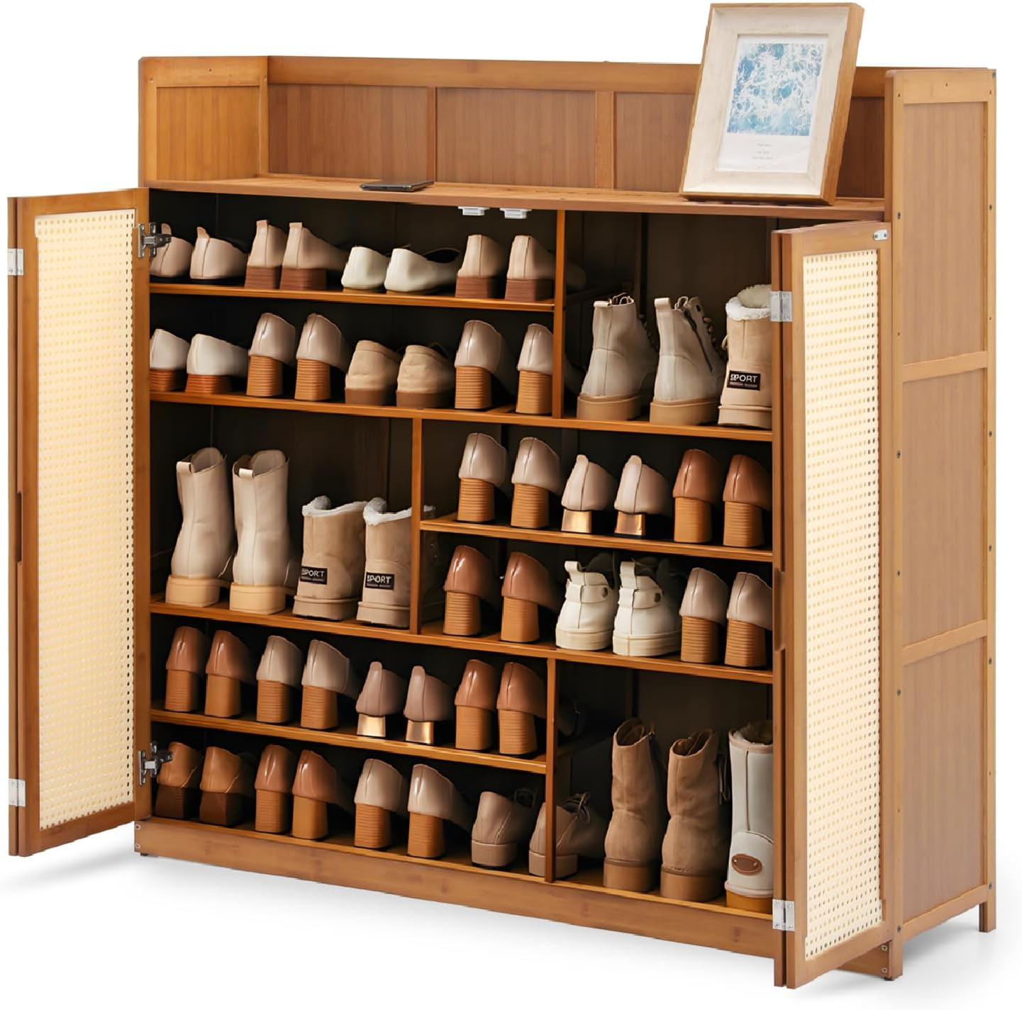 45" Bamboo Shoe Storage Cabinet with Doors, 6-Tiers Shoe Rack ...
