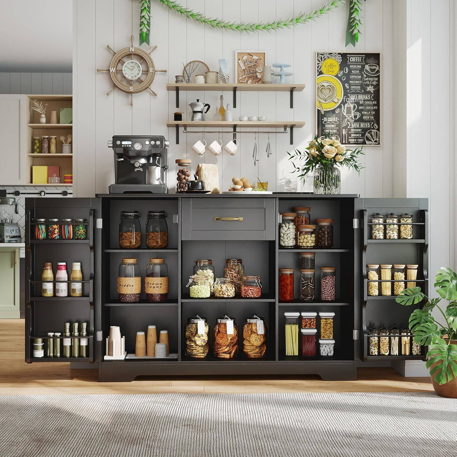 45" Coffee Bar Cabinet with Door, Shelves, and Countertop for Kitchen ...