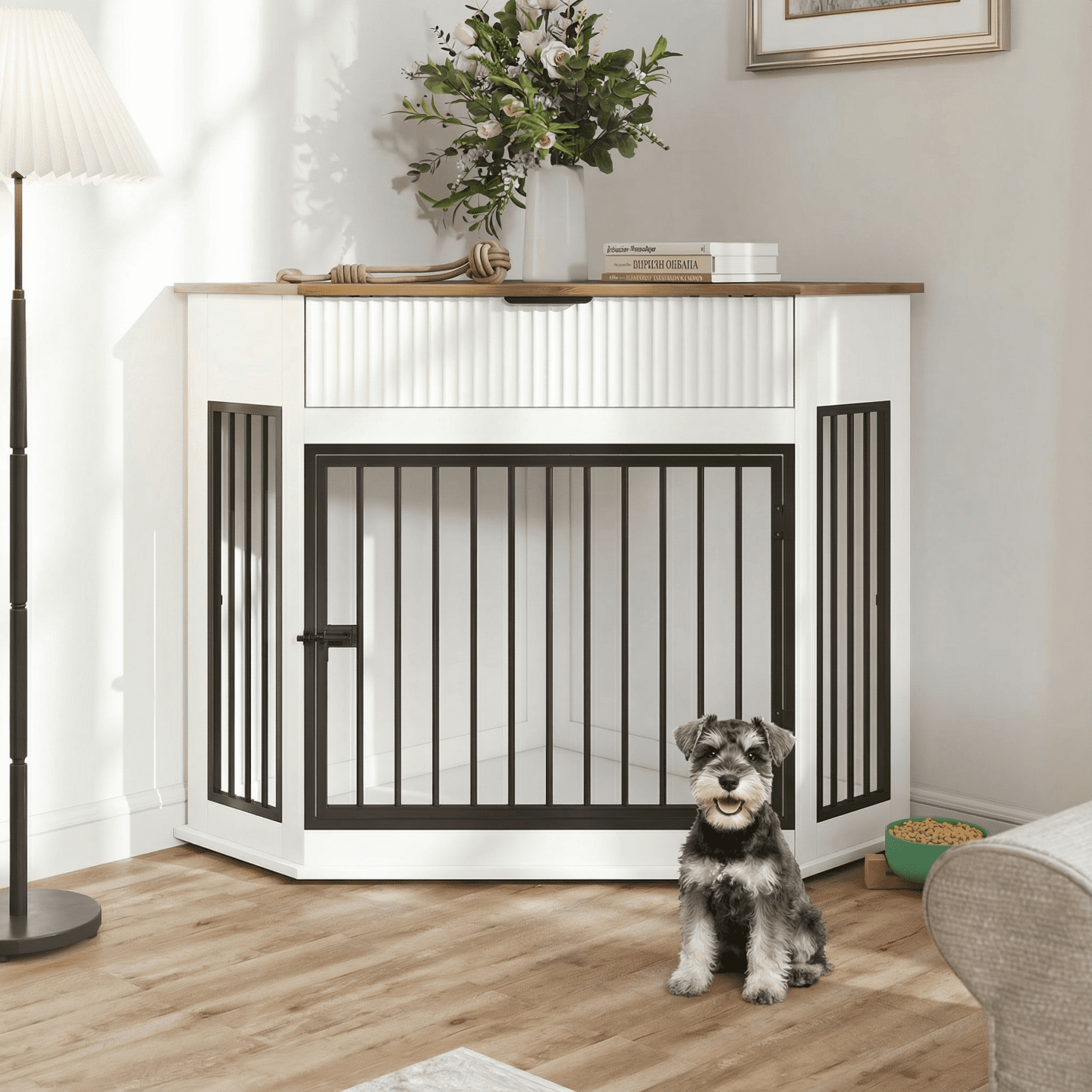 45'' Corner Dog Crate Furniture, Indoor Dog Kennel with Fluted Drawer ...