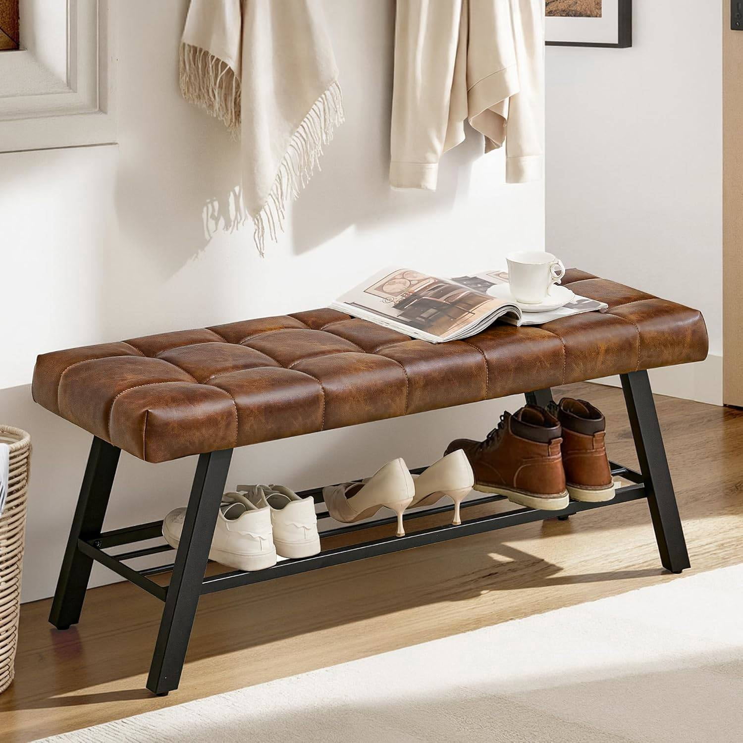45" Entryway Bench with Shoe Storage, Tufted Faux Leather Seat, Metal ...