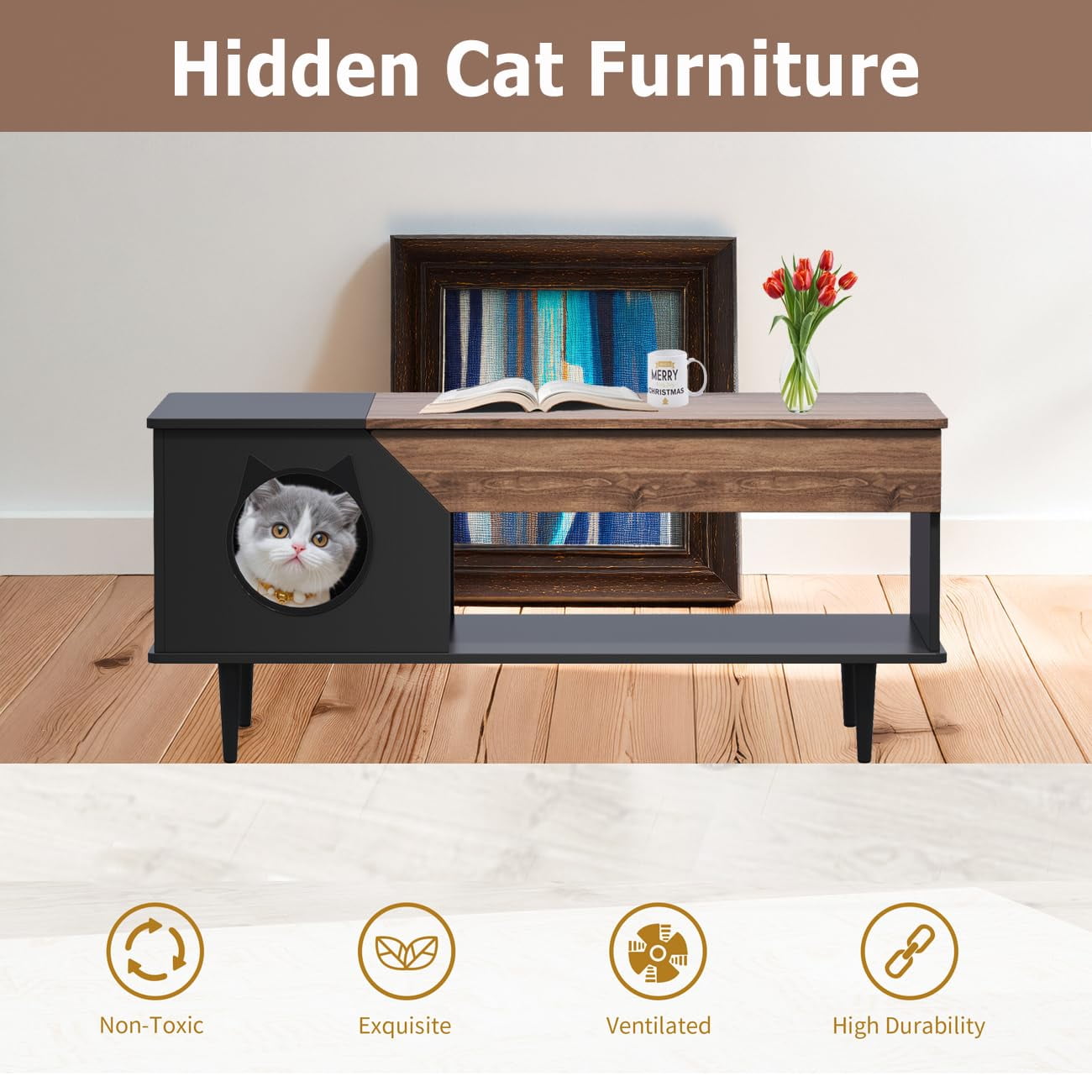 45" Farmhouse Cat Bed Cave Coffee Table with Hidden Compartment, Square ...