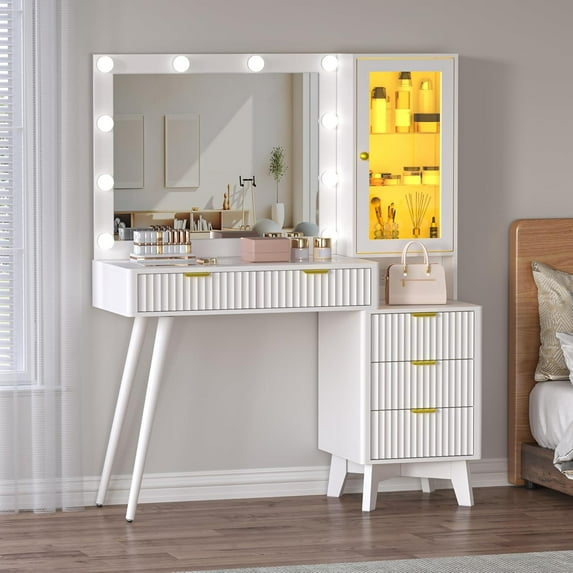 45” Fluted Makeup Vanity Desk with Mirror and Lights, Glass Top ...