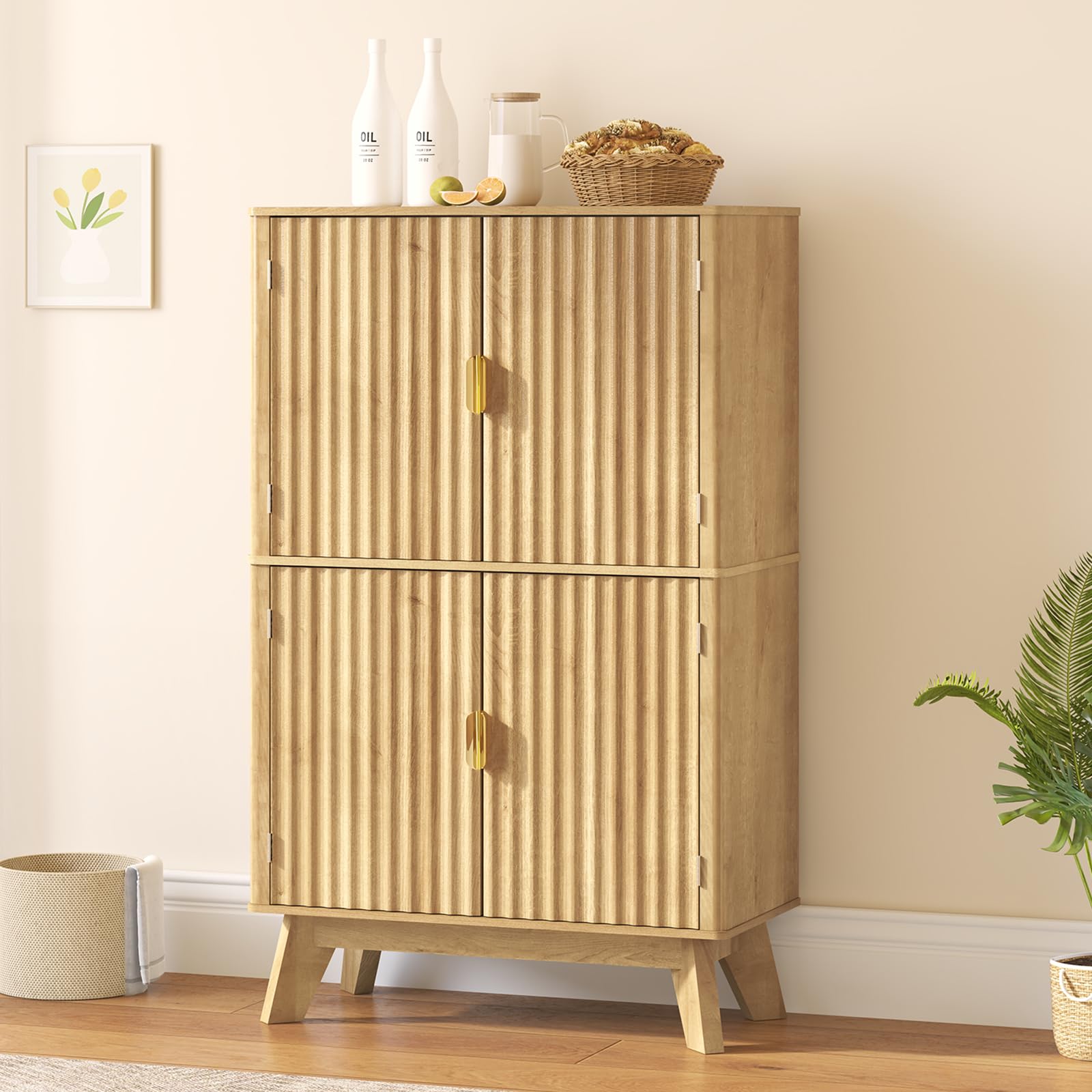 45" Fluted Storage Cabinet Adjustable Shelves, Freestanding Sideboard ...
