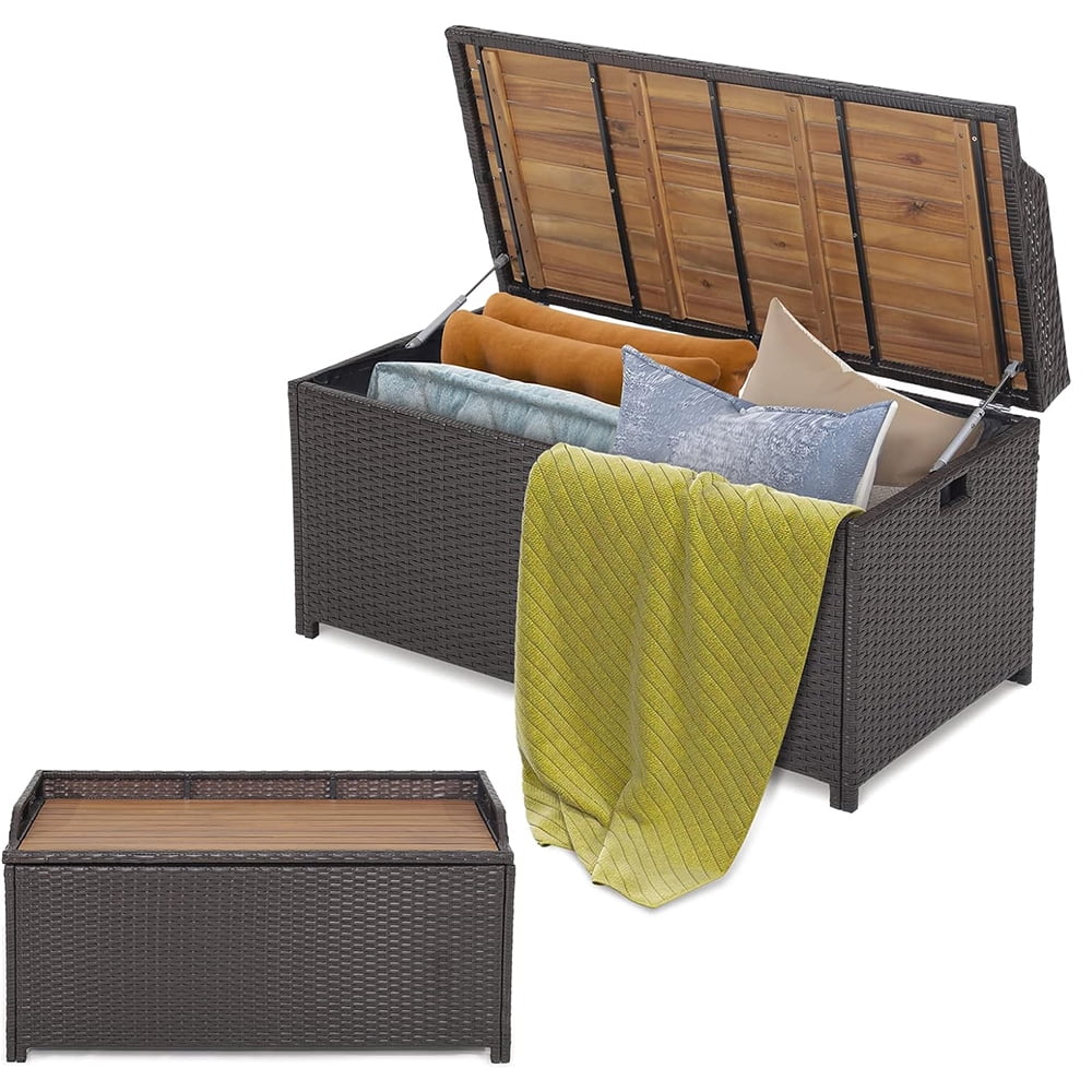 45 Gallon Outdoor Storage Bench, Brown Rattan Storage Container with ...
