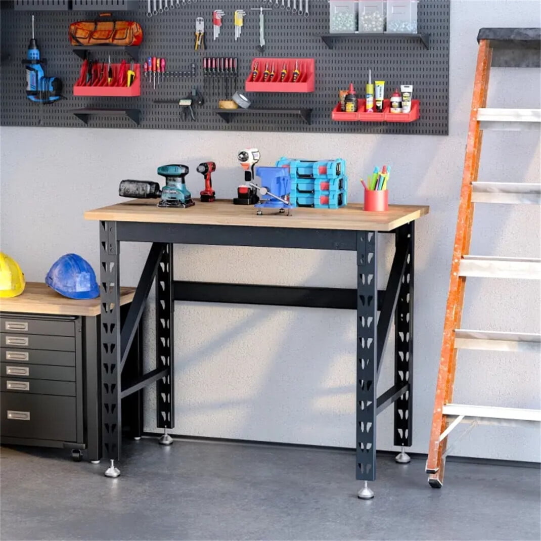 45" Garage Work Bench with Adjustable Footpads, Heavy-Duty Rubber Wood ...