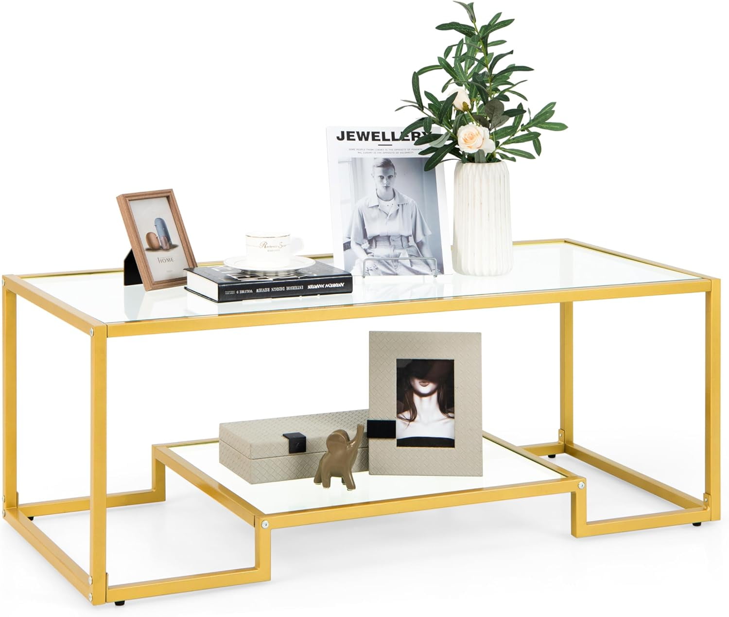 45” Glass Coffee Table, 2-Tier Rectangular Accent Table with Storage ...