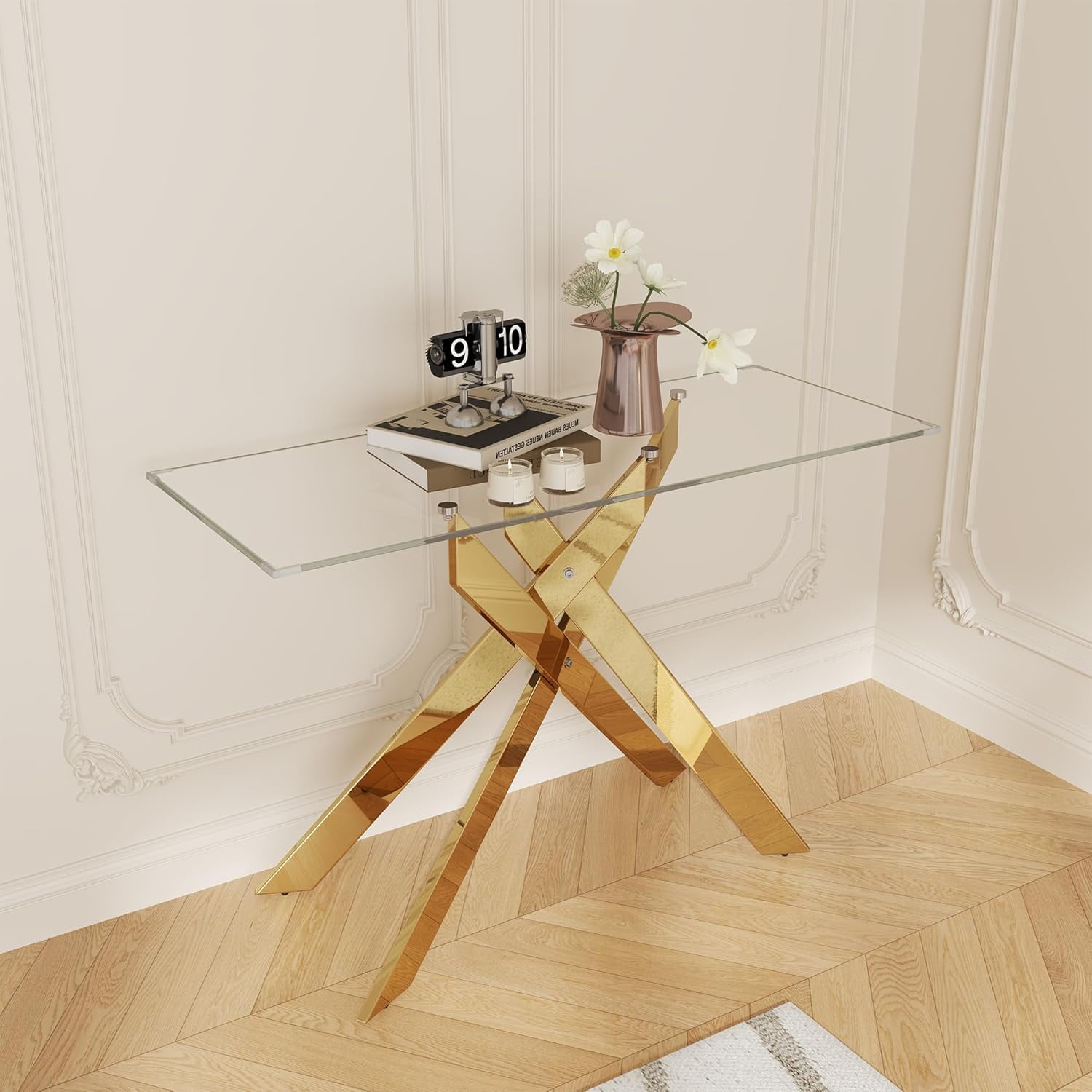 45" Glass Console Table with Tempered Glass Top, Rectangle Glass ...