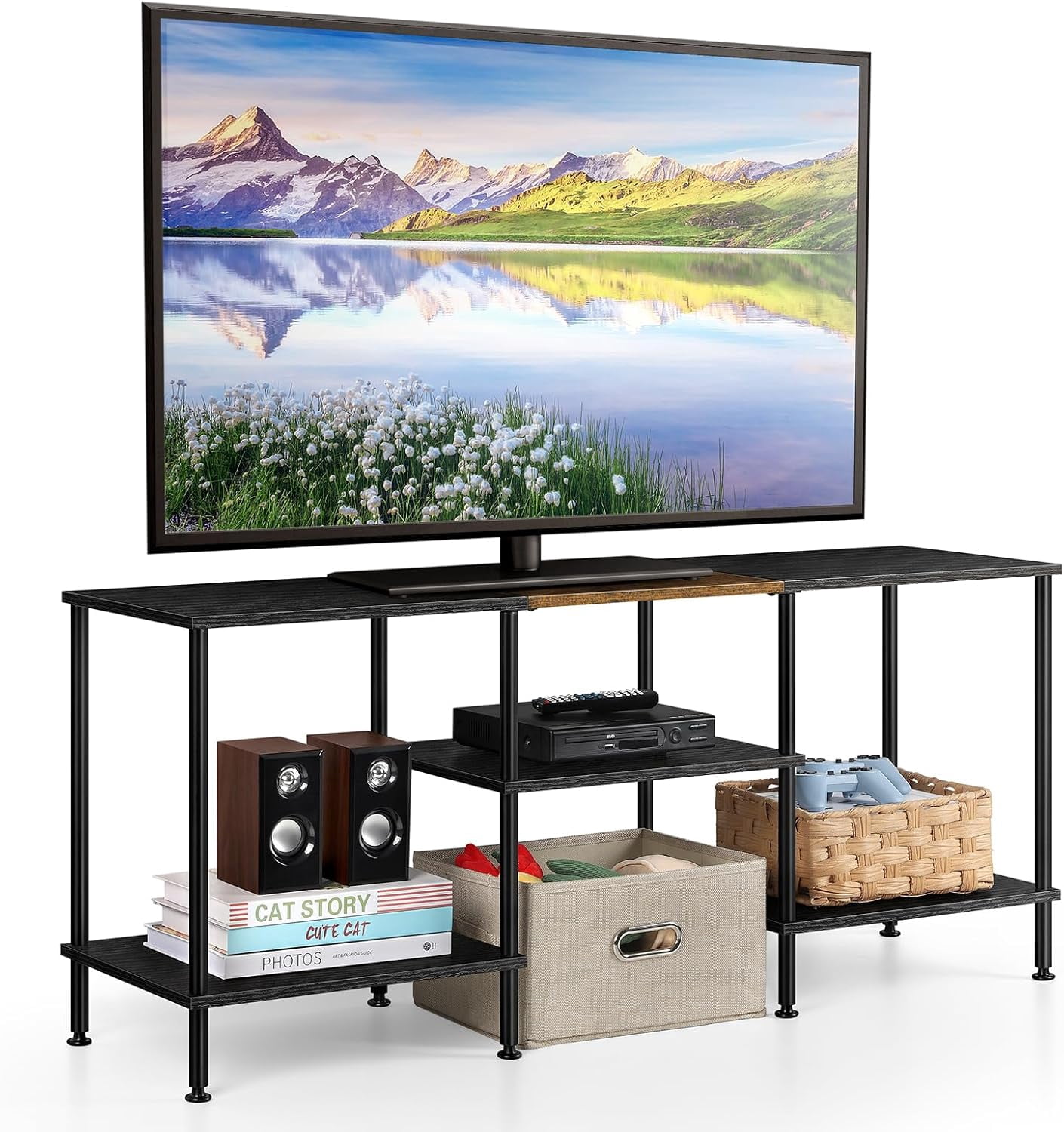 45 Inch Industrial TV Stand with Storage Shelves, Black Wood & Metal ...