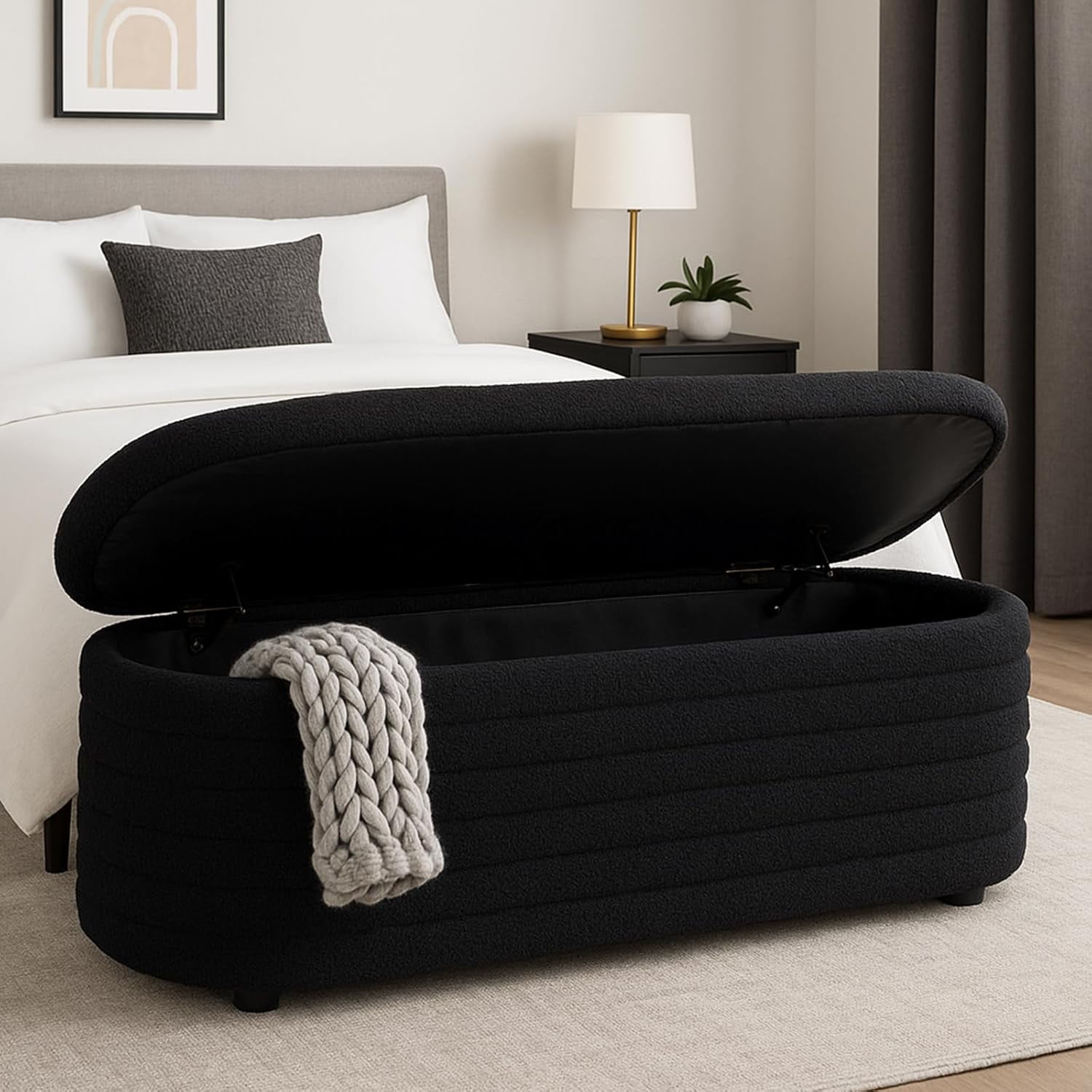 45 Inch Storage Ottoman Bench Upholstered Fabric Bedroom Benches ...