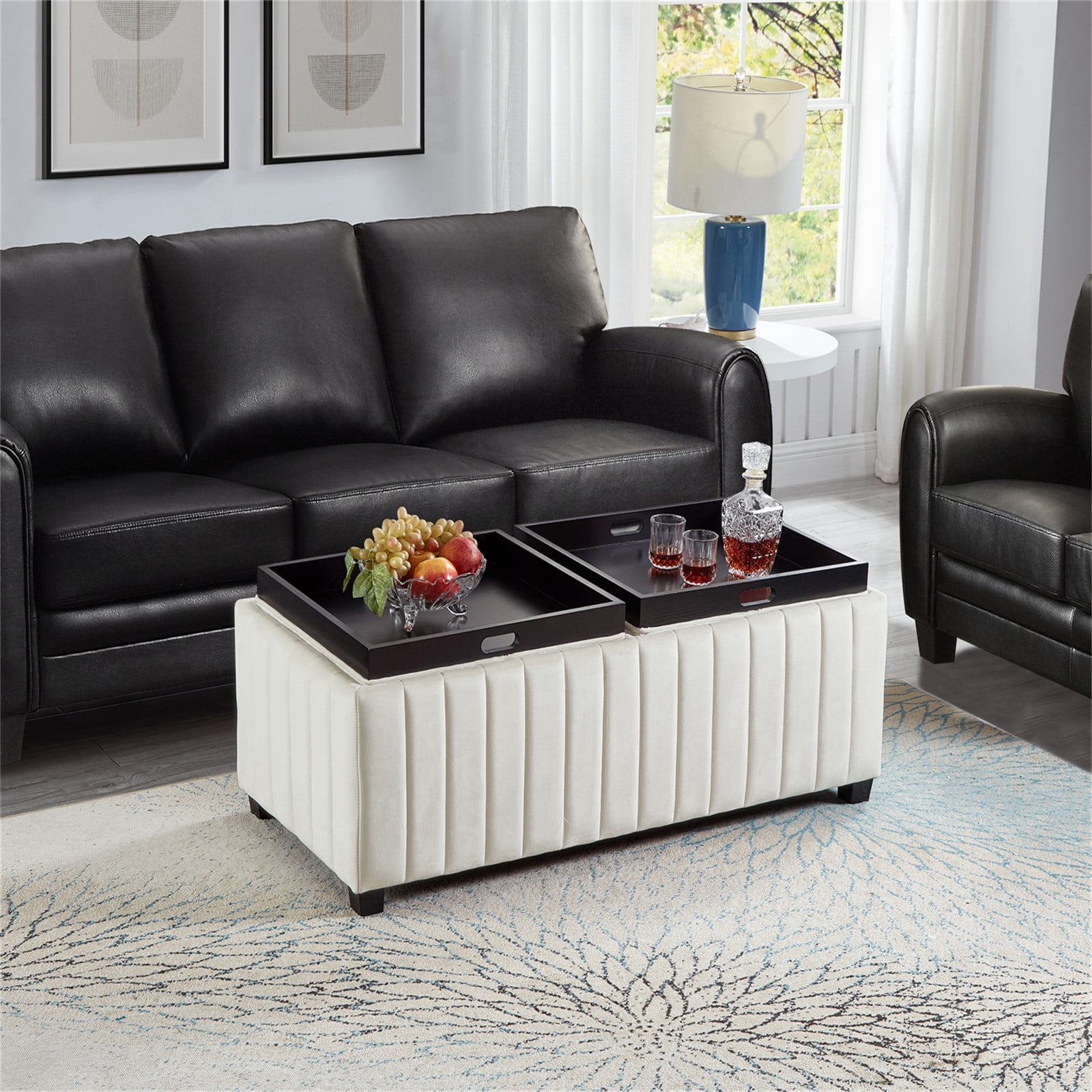 45 Inch Wide Storage Ottoman With 2 Reversible Coffee Tray Storage ...