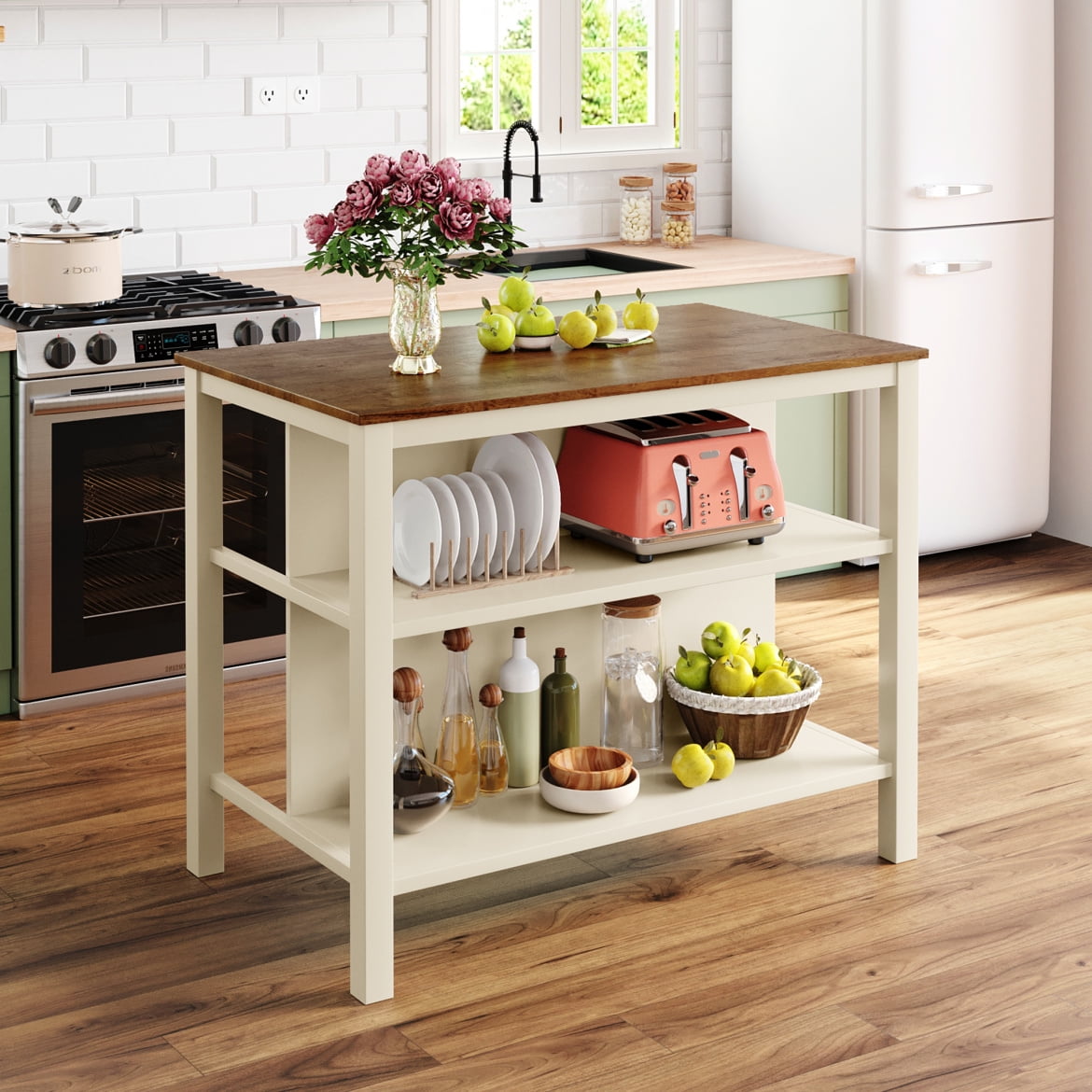 45 Inch Width Stationary Kitchen Island, Rustic Solid Wood Butcher ...