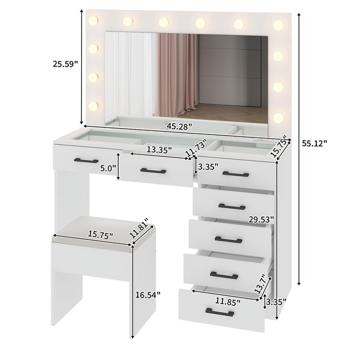 "45" LED Vanity Desk Set with Lighted Mirror - 7-Drawer Makeup Dressing ...