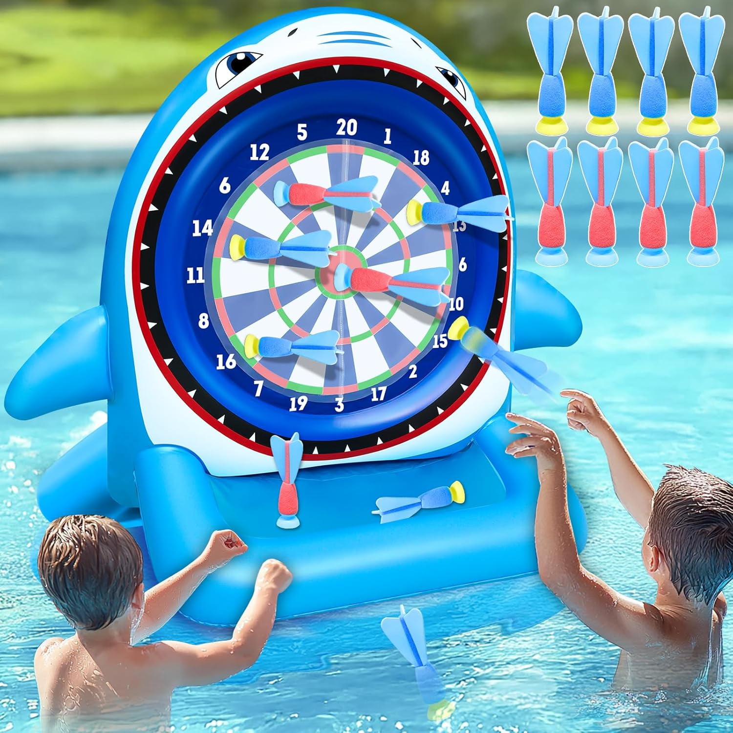 45" Large Inflatable Pool Toys Shark Dart Board with 8 Sticky Darts ...