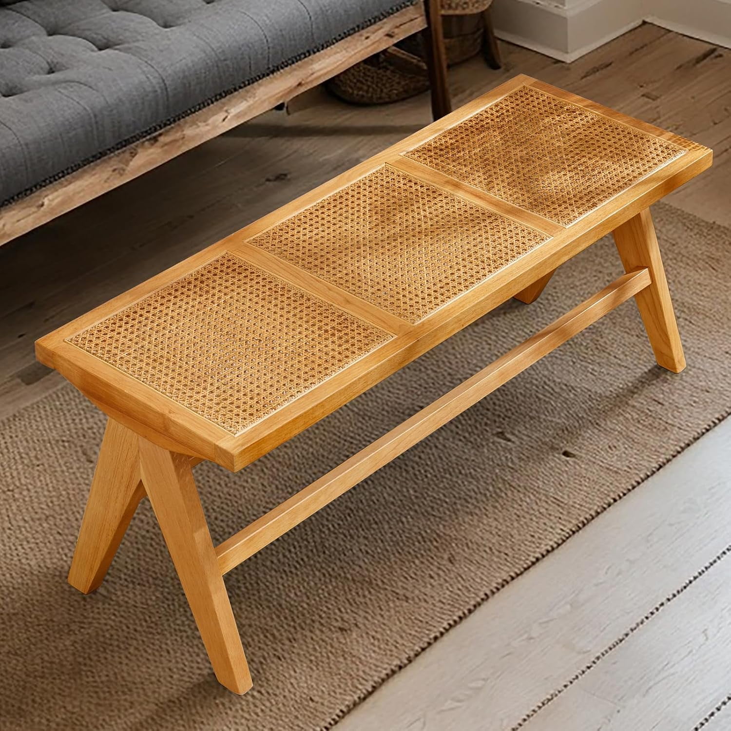 45” Natural Rattan Entryway Bench Wicker Wood and Cane End of Bed Bench ...