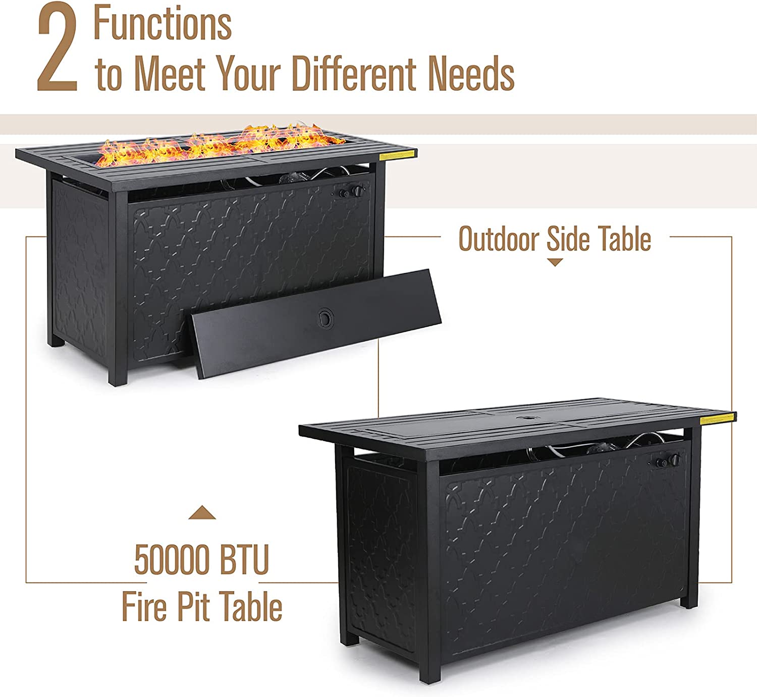45" Outdoor Rectangular Gas Fire Pit Table, 50,000 BTU Propane with ...