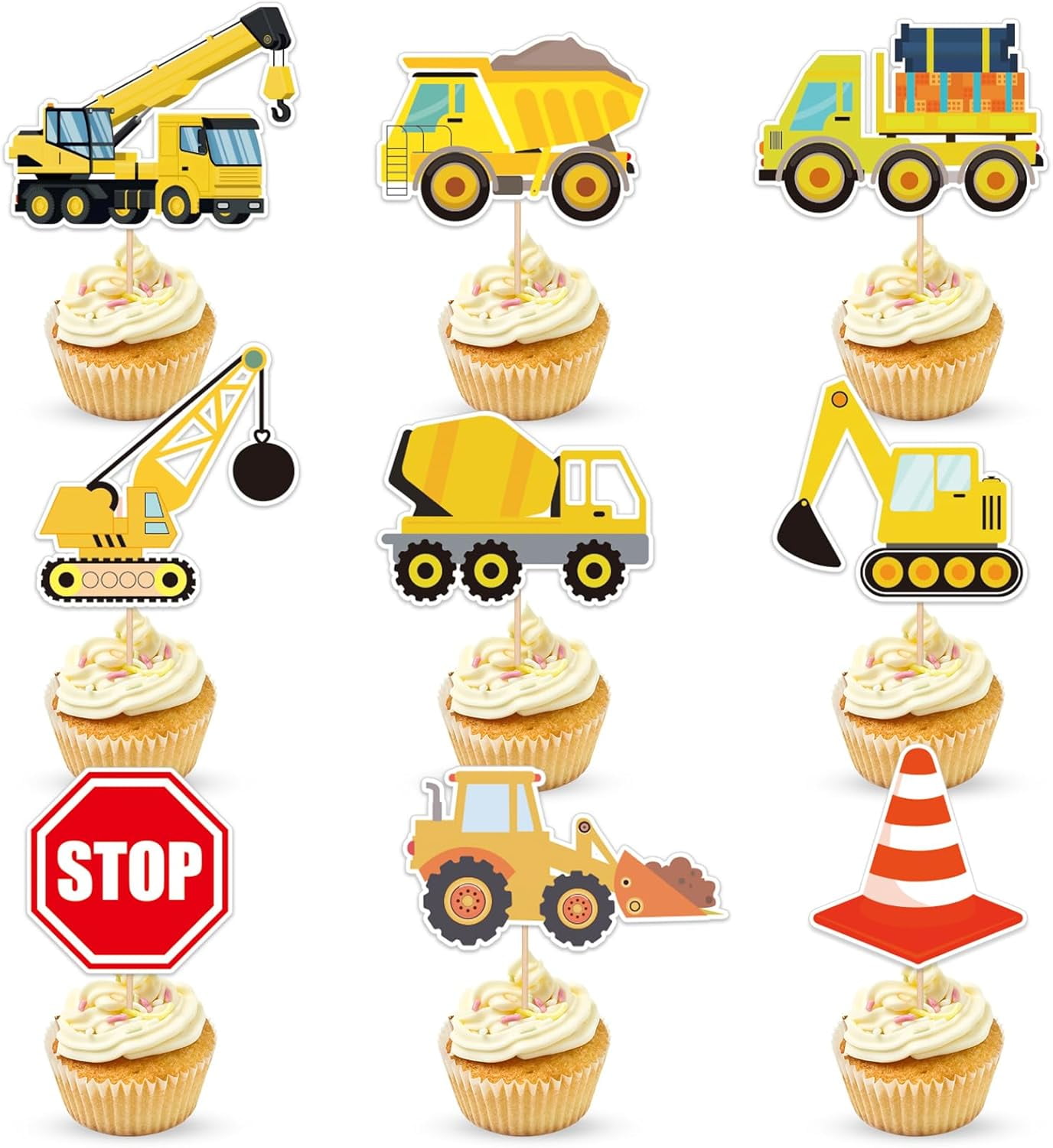 45 PCS Construction Cupcake Toppers Dump Truck Excavator Tractor Stop ...