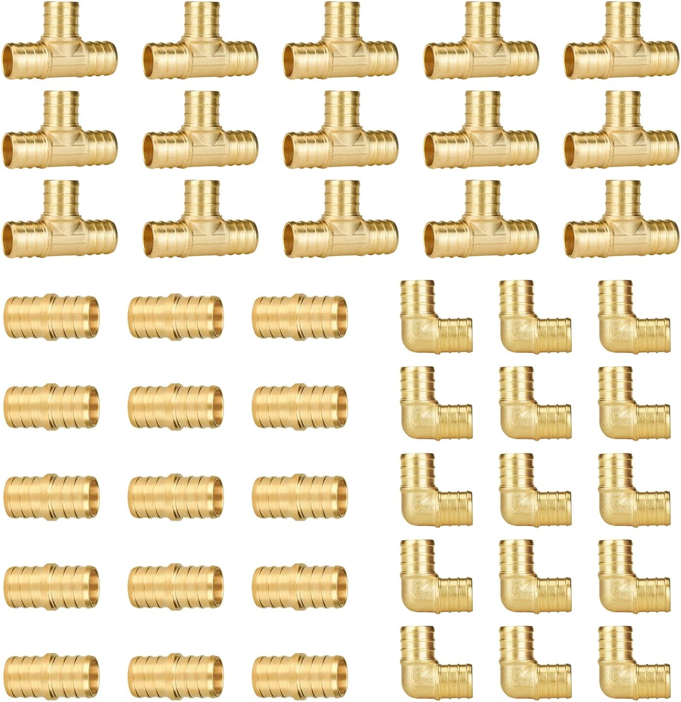 45-Pack 3/4 Inch PEX Fittings, 15 Each Elbow Tee Coupling, No Lead Brass Pex Fittings 3/4 Inch ...