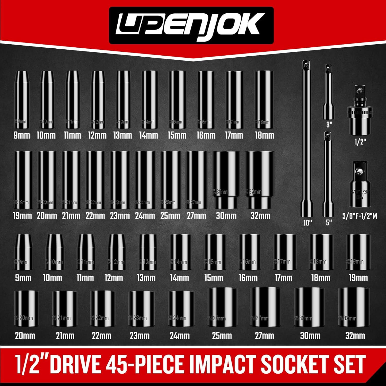 45-Piece 1/2" Drive Metric Impact Socket Set, Deep & Shallow Socket Set ...