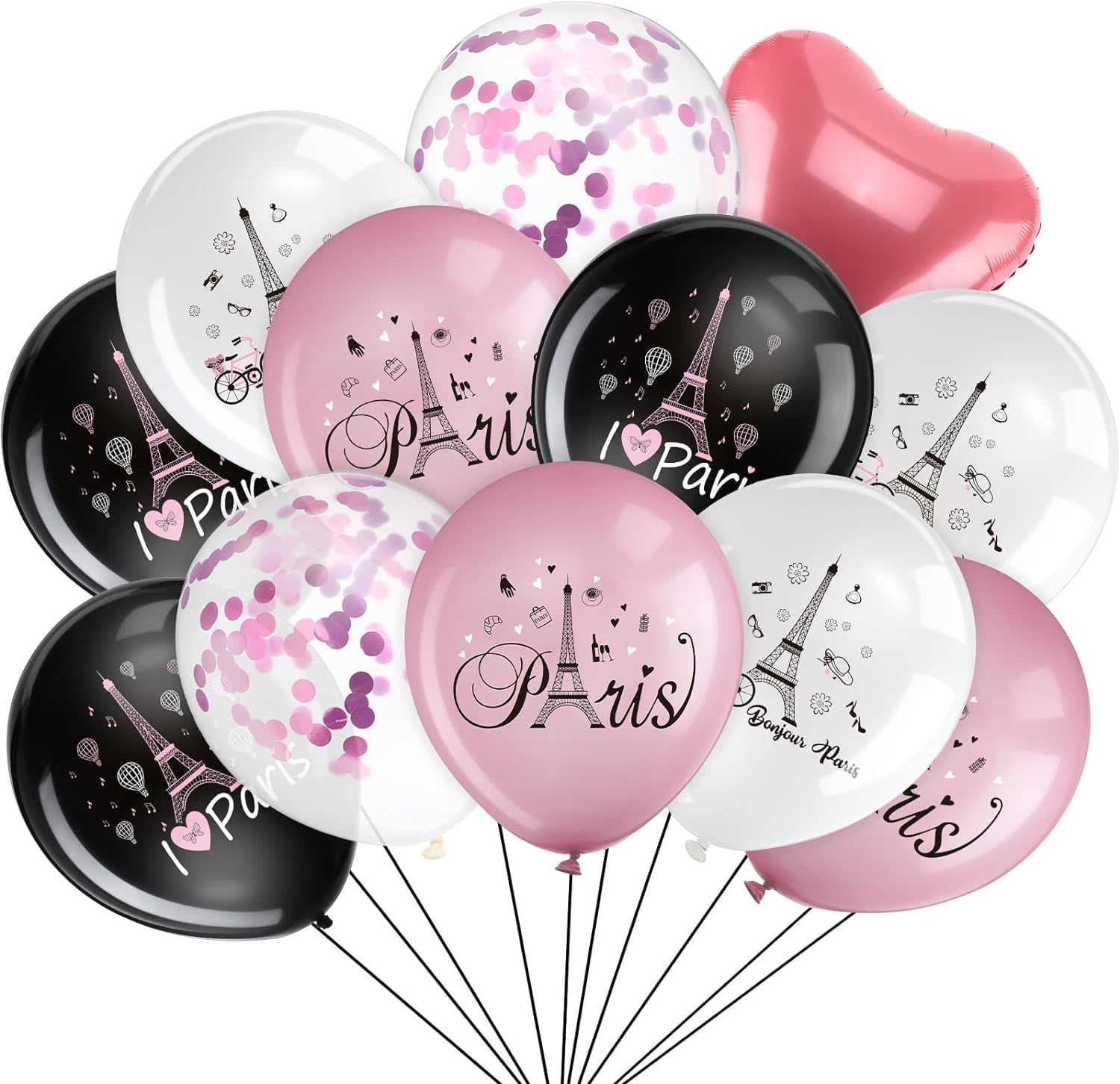 45-Piece Paris Balloons Set | Eiffel Tower, Hearts, Latex & Foil ...