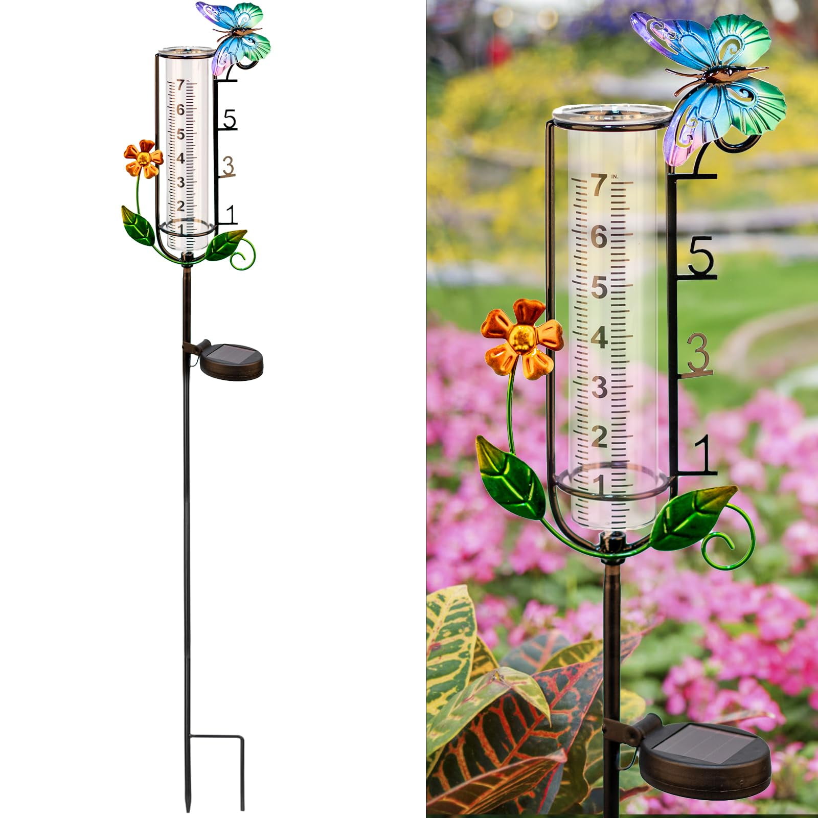 45'' Solar Rain Gauge OIF8 with LED Light, Butterfly Weather Station ...