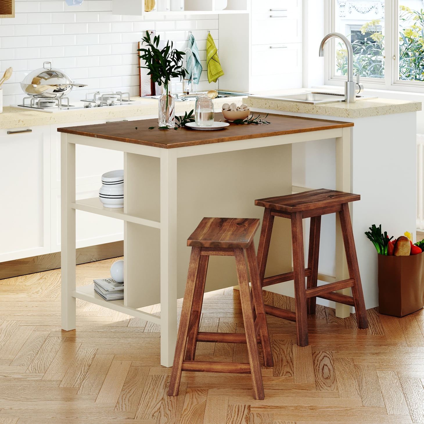 45 '' Solid Wood Kitchen Island set with 2 dining tables and stools ...