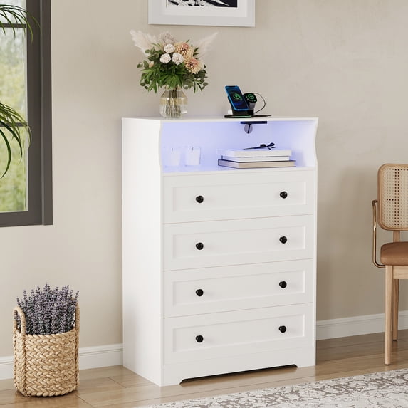 45'' Tall 4-Drawer Wooden Dresser with LED Lights & Charging Station ...