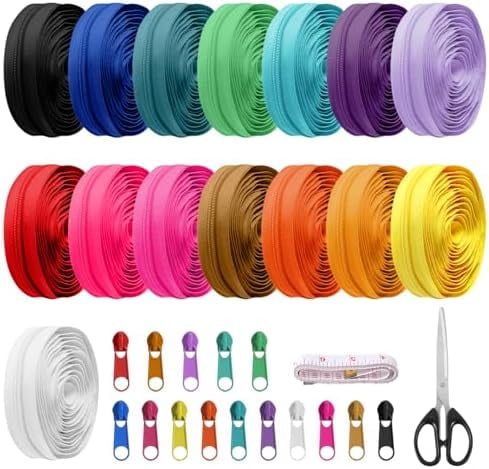 45 Yards 15 Colors Zipper Repair Kit #5 Sewing Zipper with 90Pcs Pull ...