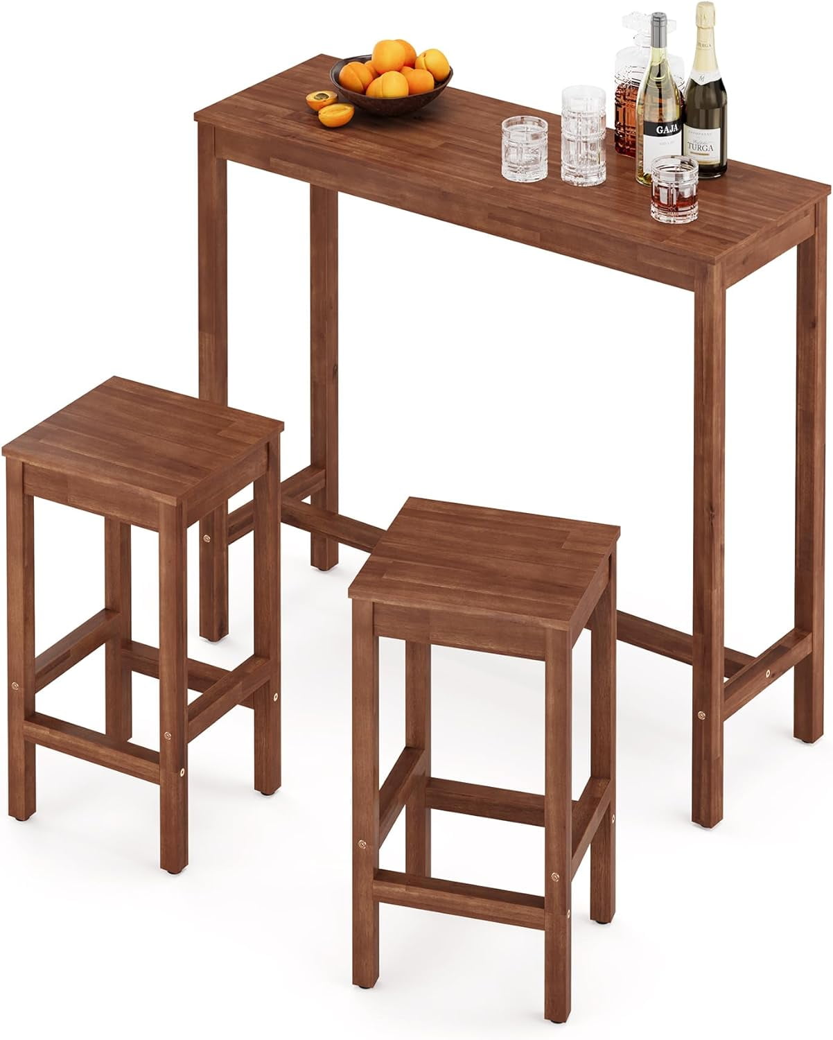 45 inch Bar Table and Chairs Set, Acacia Wood Pub Table with 2 Stools, Rectangular Counter ...
