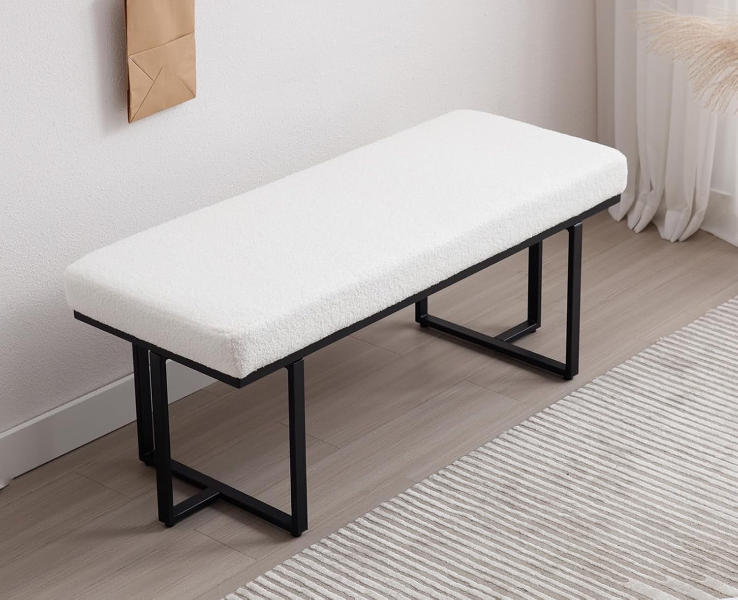45\u201D Sherpa Entry Bench with Black Metal Legs Upholstered Faux Fur ...