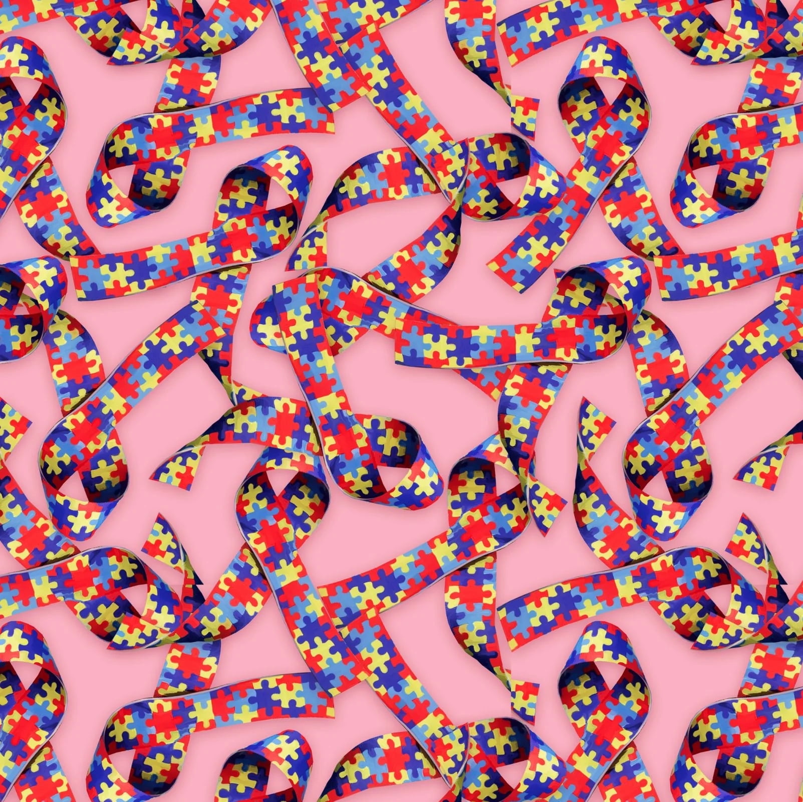 45 x 36 Autism Awareness Puzzle Ribbons on Pink Digitally Printed 100% ...