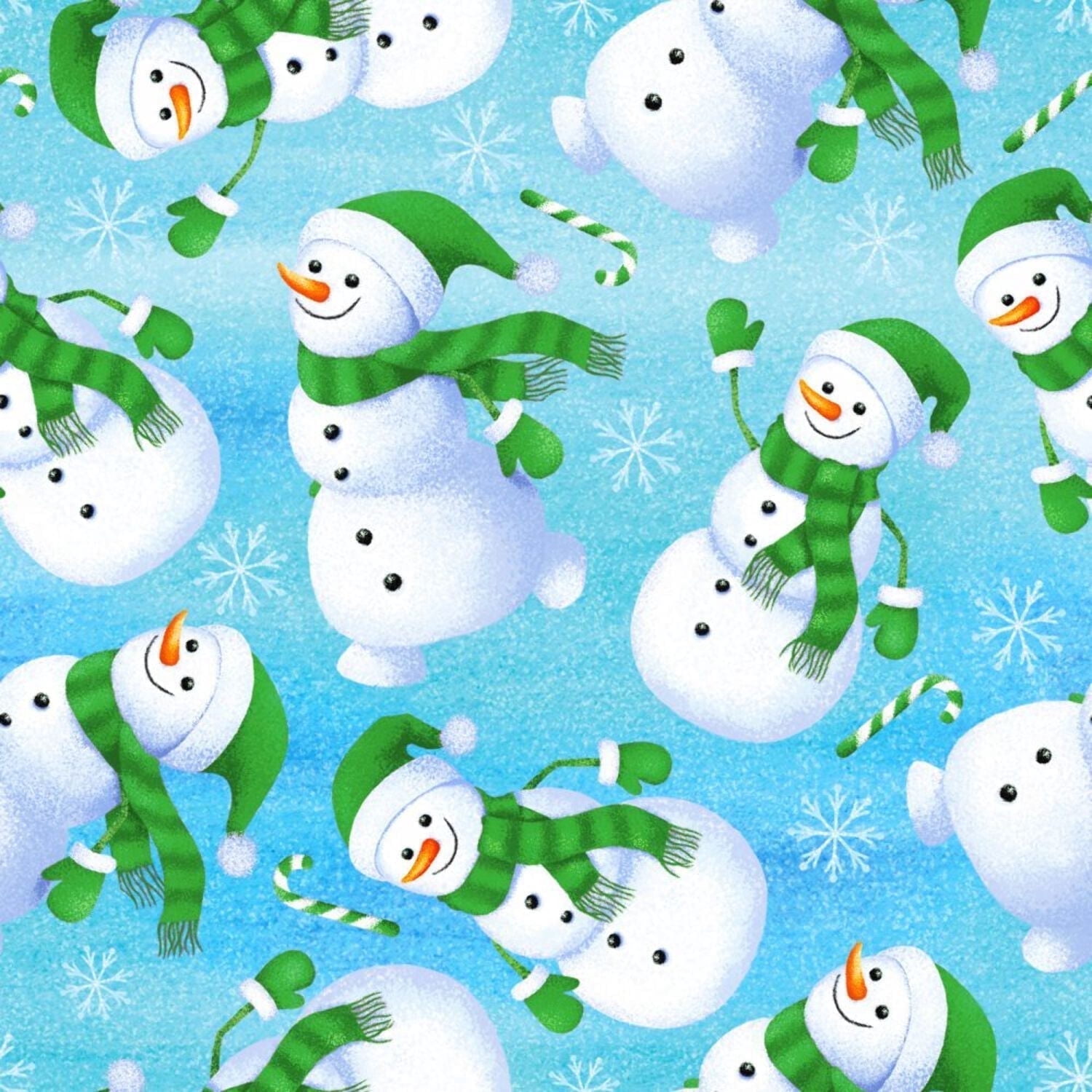 45 x 36 Christmas Fabric Snowmen with Green Scarves on Light Blue 100% ...