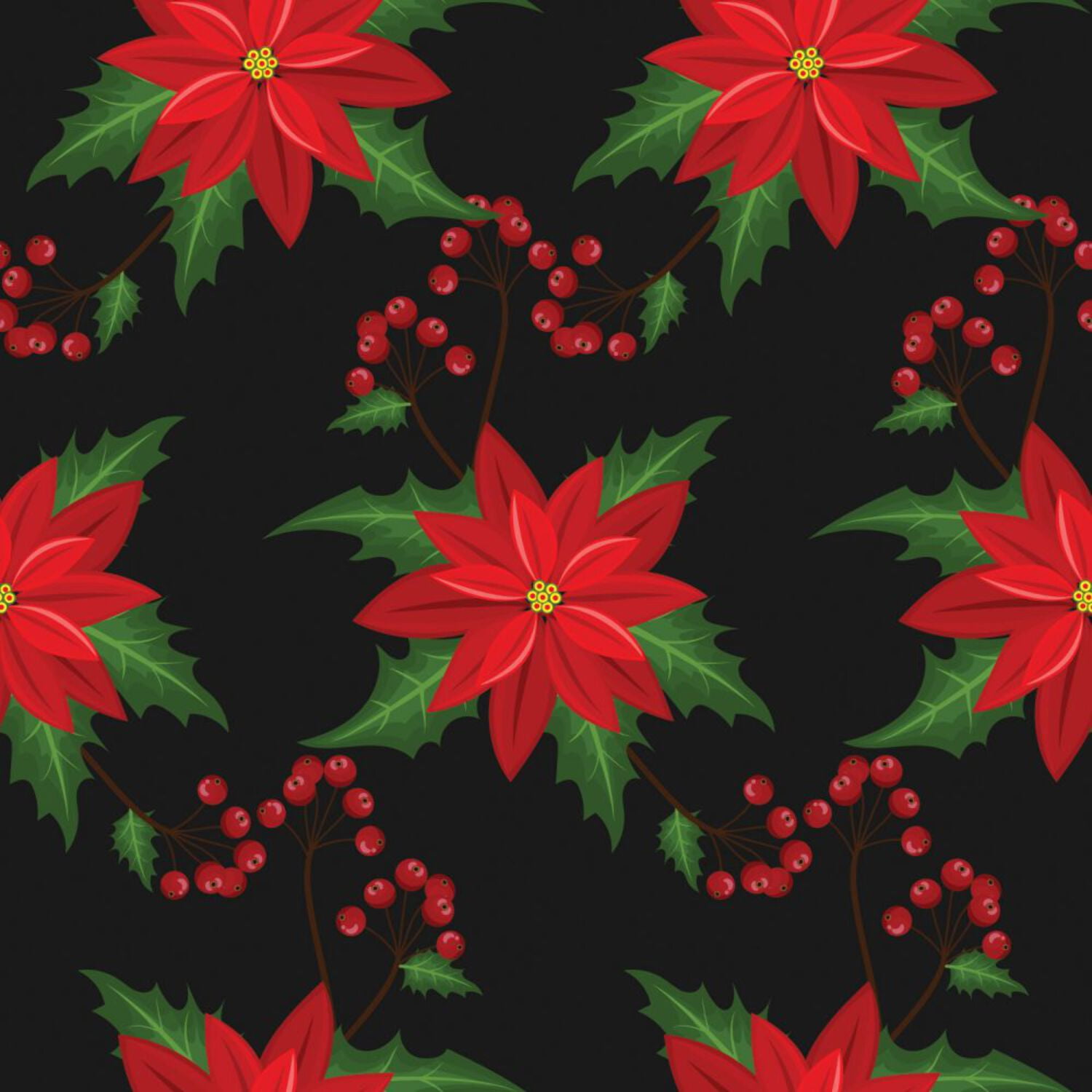 45 x 36 Christmas Poinsettias on Black background 100% Cotton Fabric ...