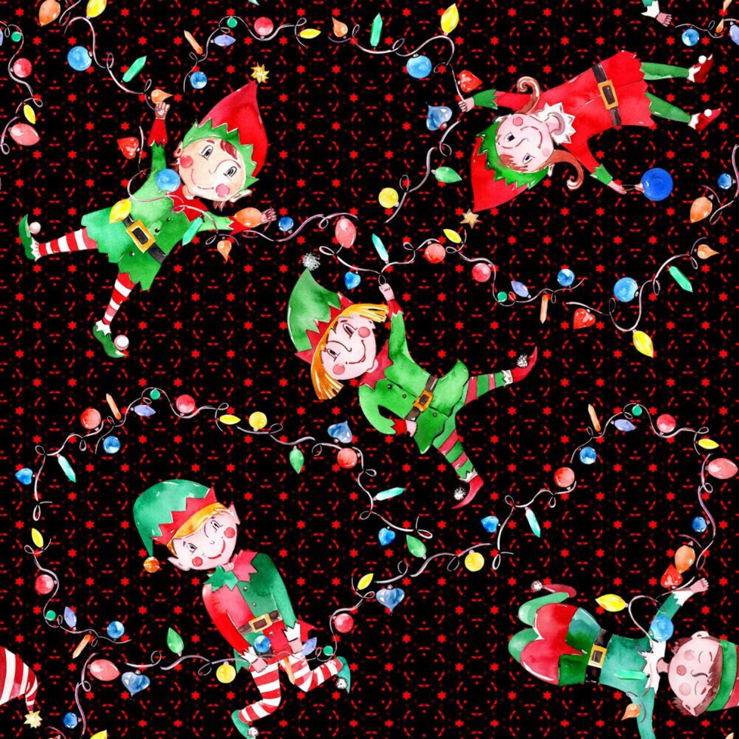 Christmas Dancing Elves Stringing Lights on Black 100% Cotton Fabric ...