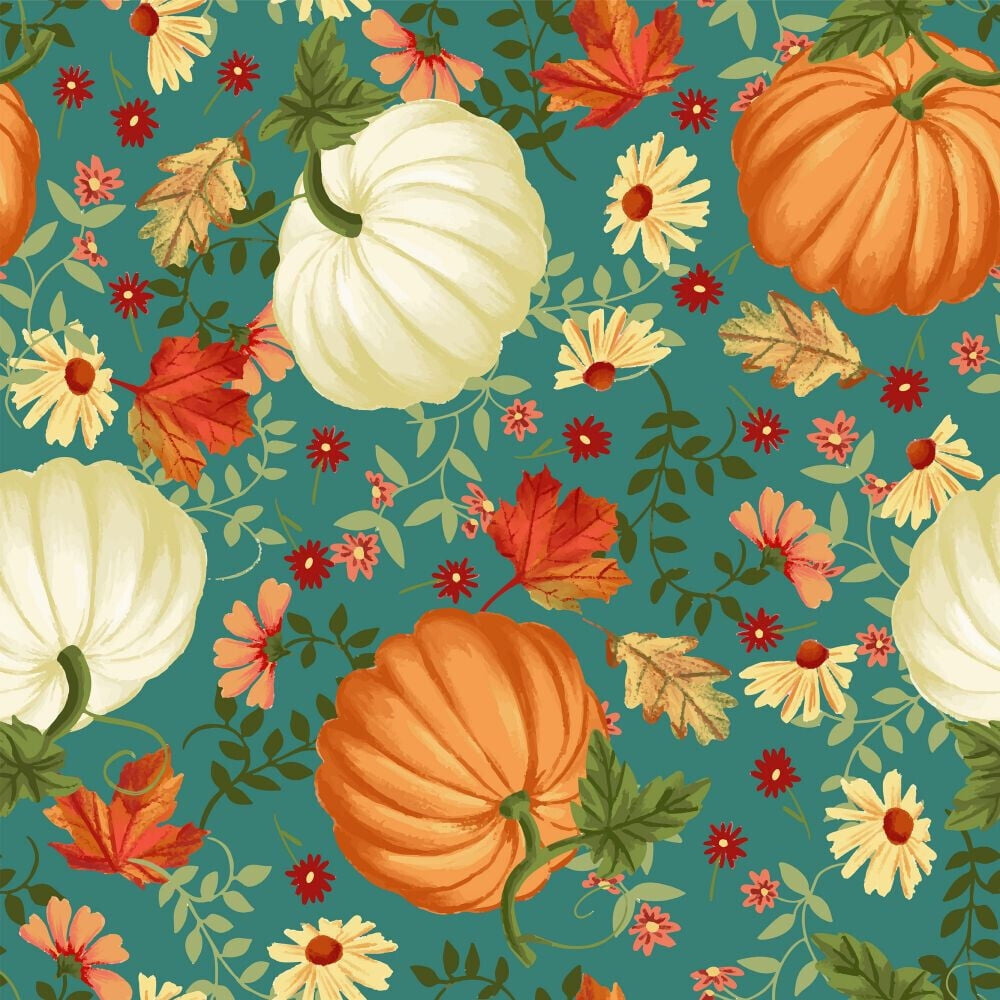 45 x 36 Fall Autumn Thanksgiving Fabric Orange and White Pumpkins and ...