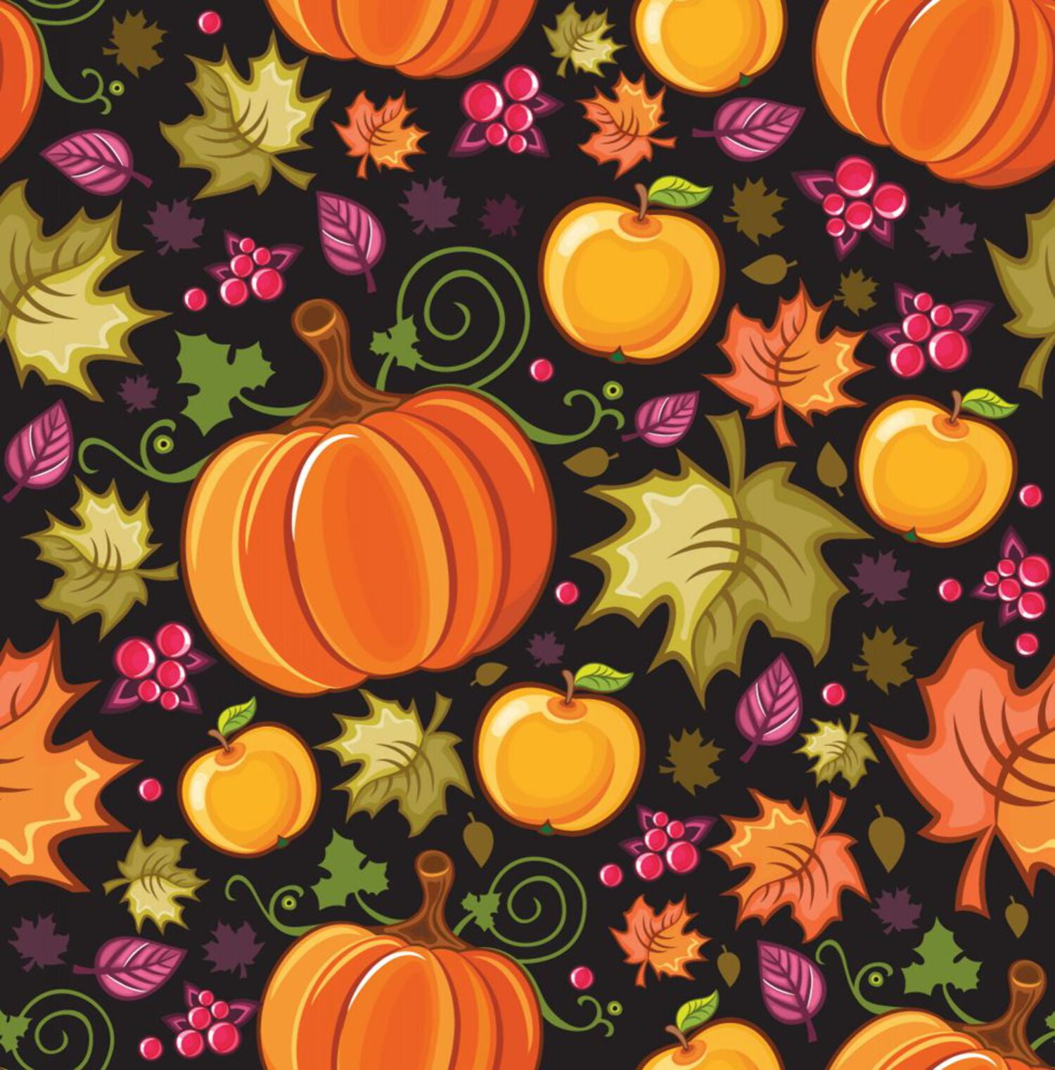 Fall Autumn Thanksgiving Pumpkins and Leaves on Black 100% Cotton ...