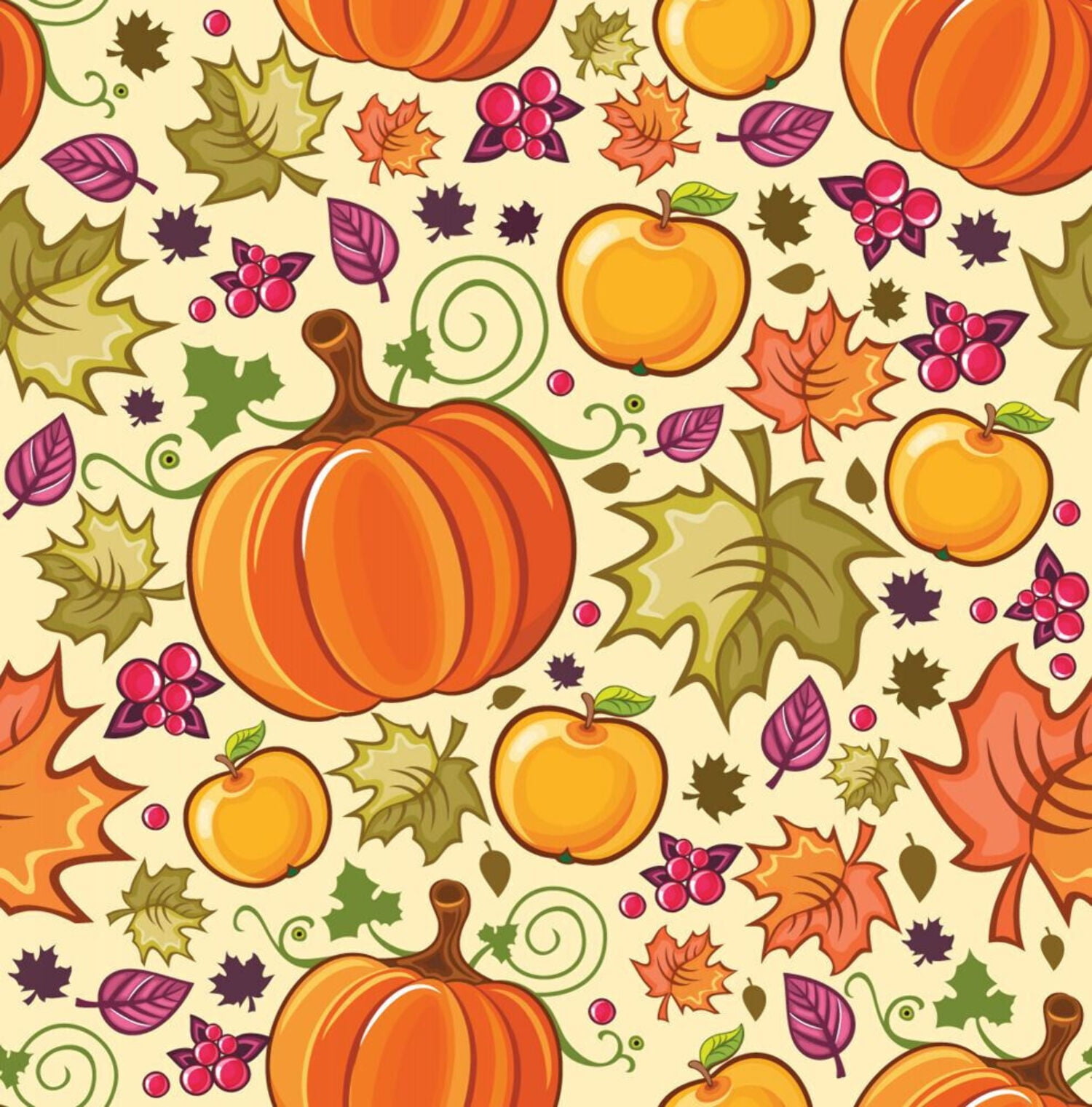 Fall Autumn Thanksgiving Pumpkins and Leaves on Cream 100% Cotton ...